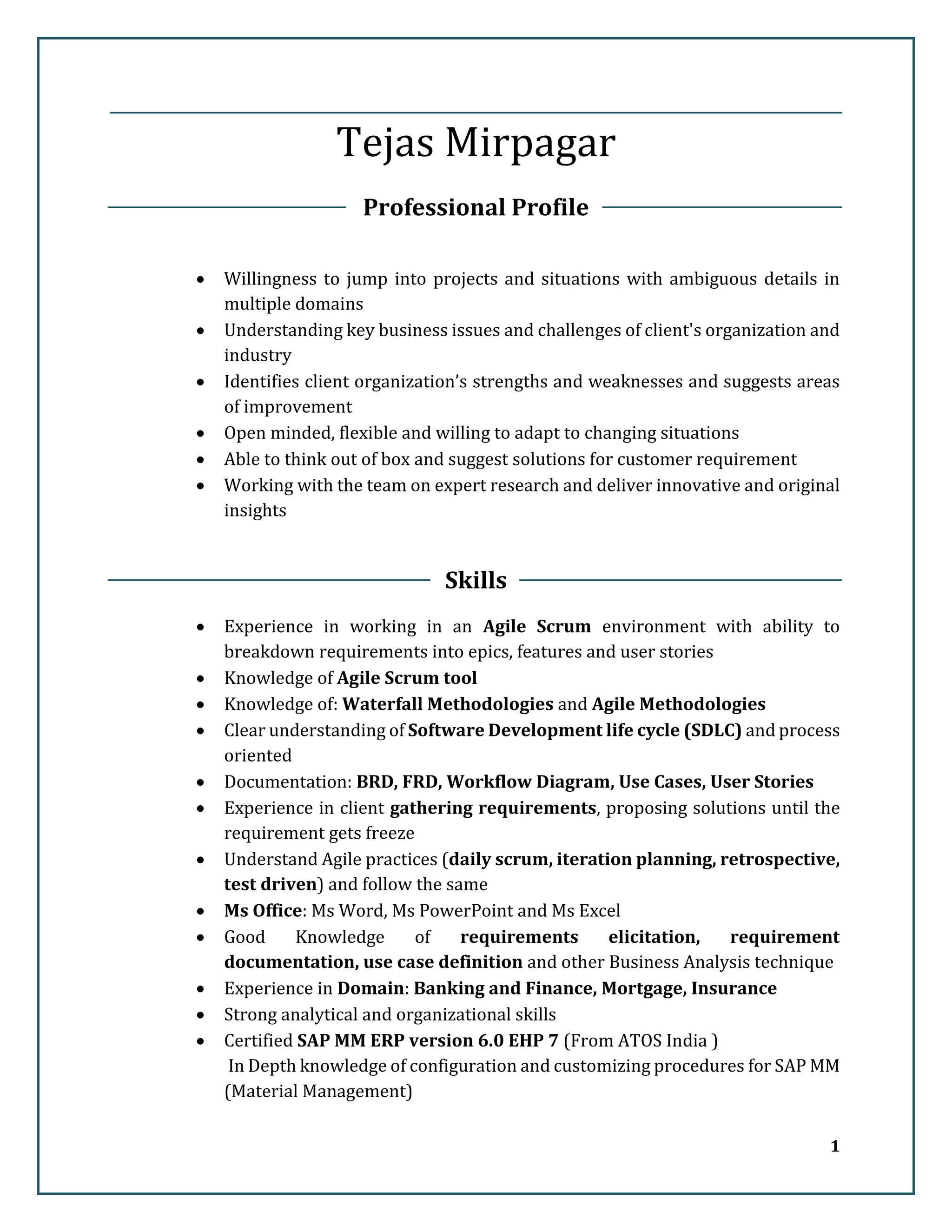 Tejas Mirpagar Business Analyst Resume | PDF
