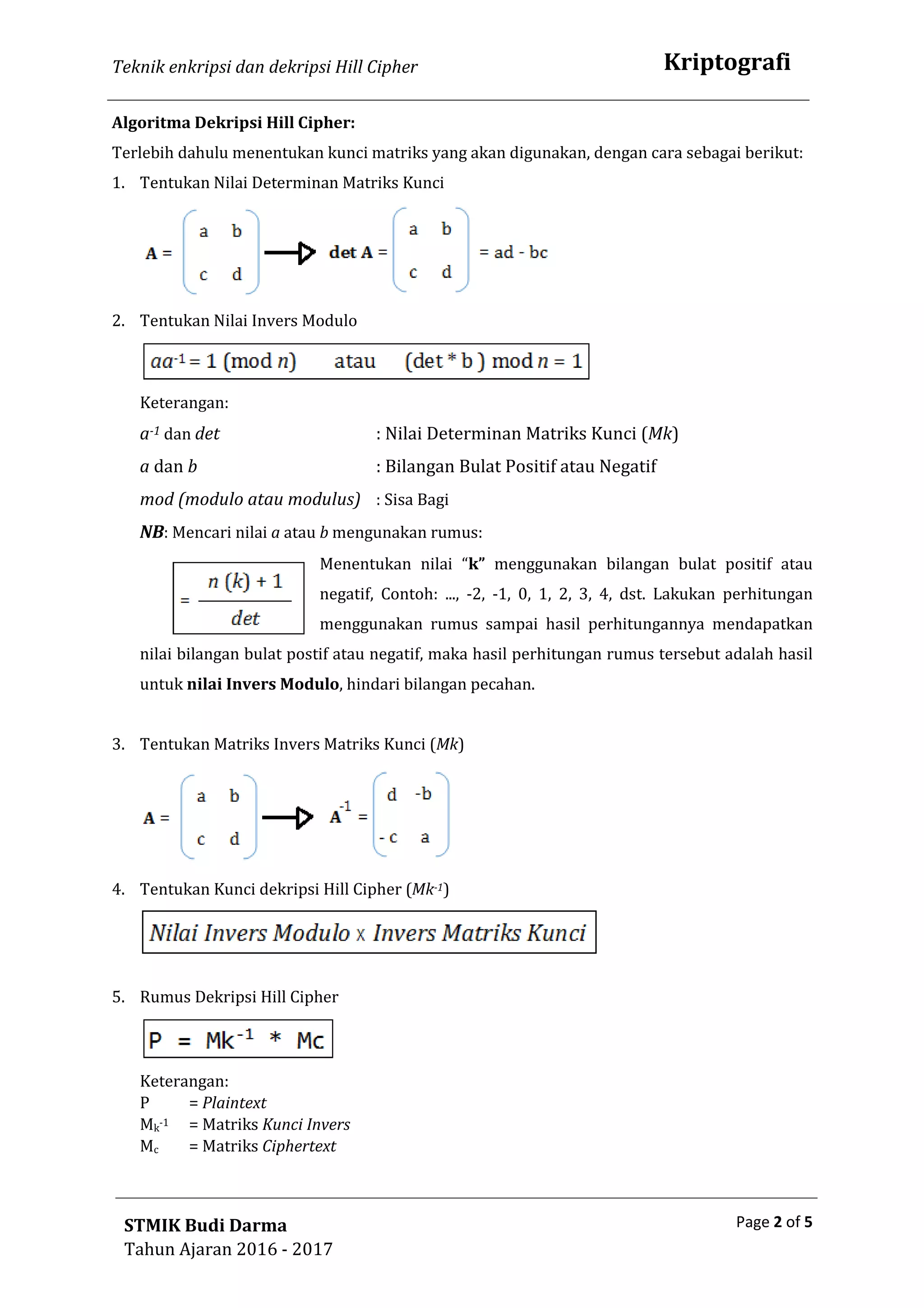 TEKNIK ENKRIPSI DAN DEKRIPSI HILL CIPHER | PDF