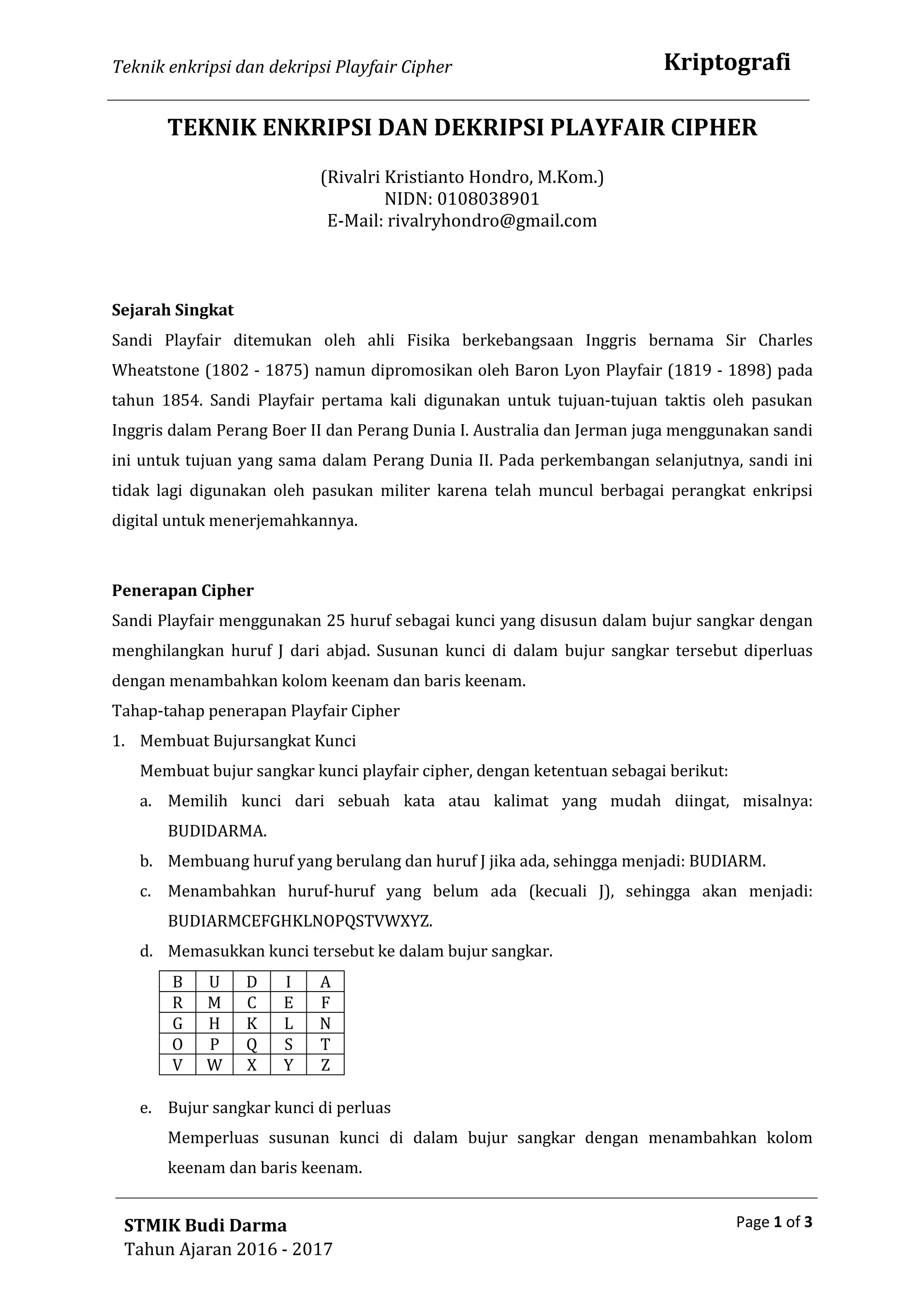 Teknik Enkripsi dan Dekripsi Playfair Cipher | PDF