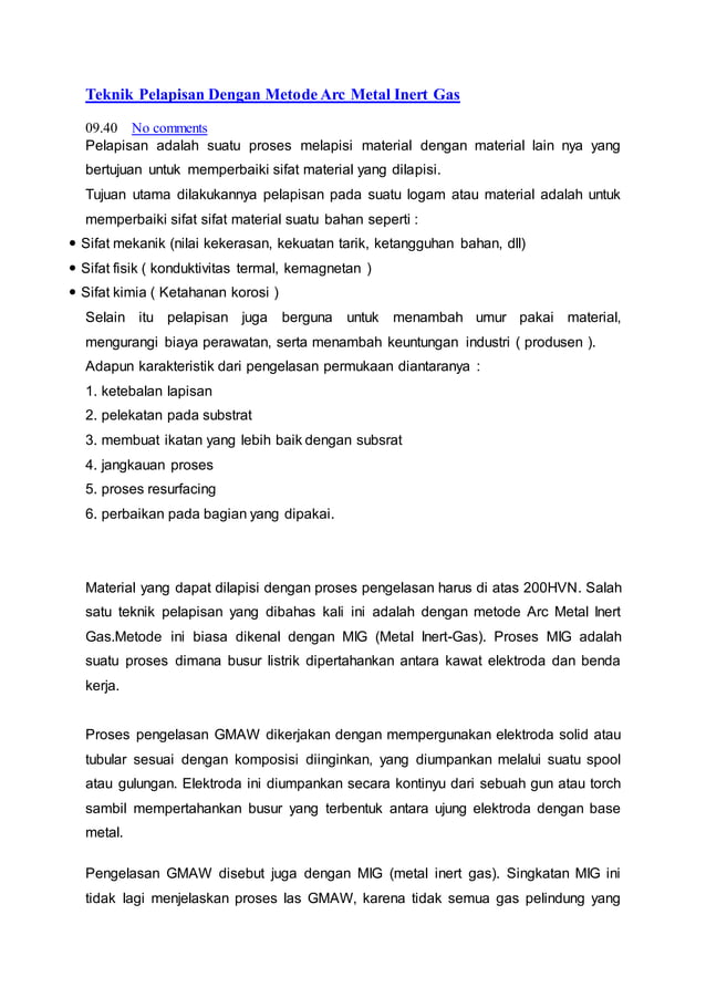 Teknik pelapisan dengan metode arc metal inert gas | DOCX