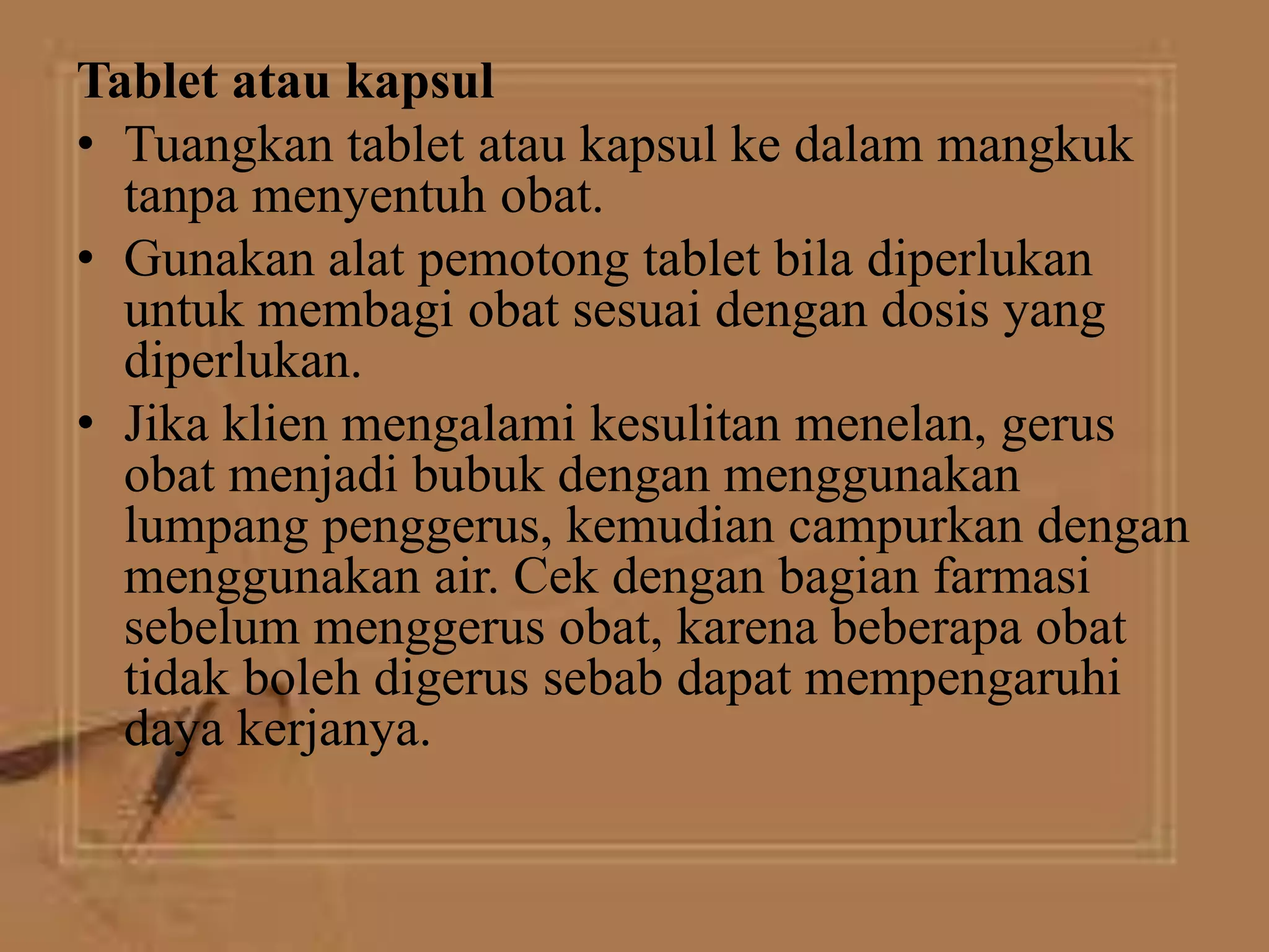 Teknik pemberian obat Oral Sublingual Parenteral Inhalasi | PPTX
