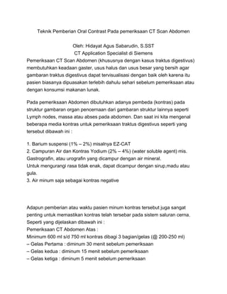 Teknik pemberian oral contrast pada pemeriksaan ct scan abdomen | DOCX