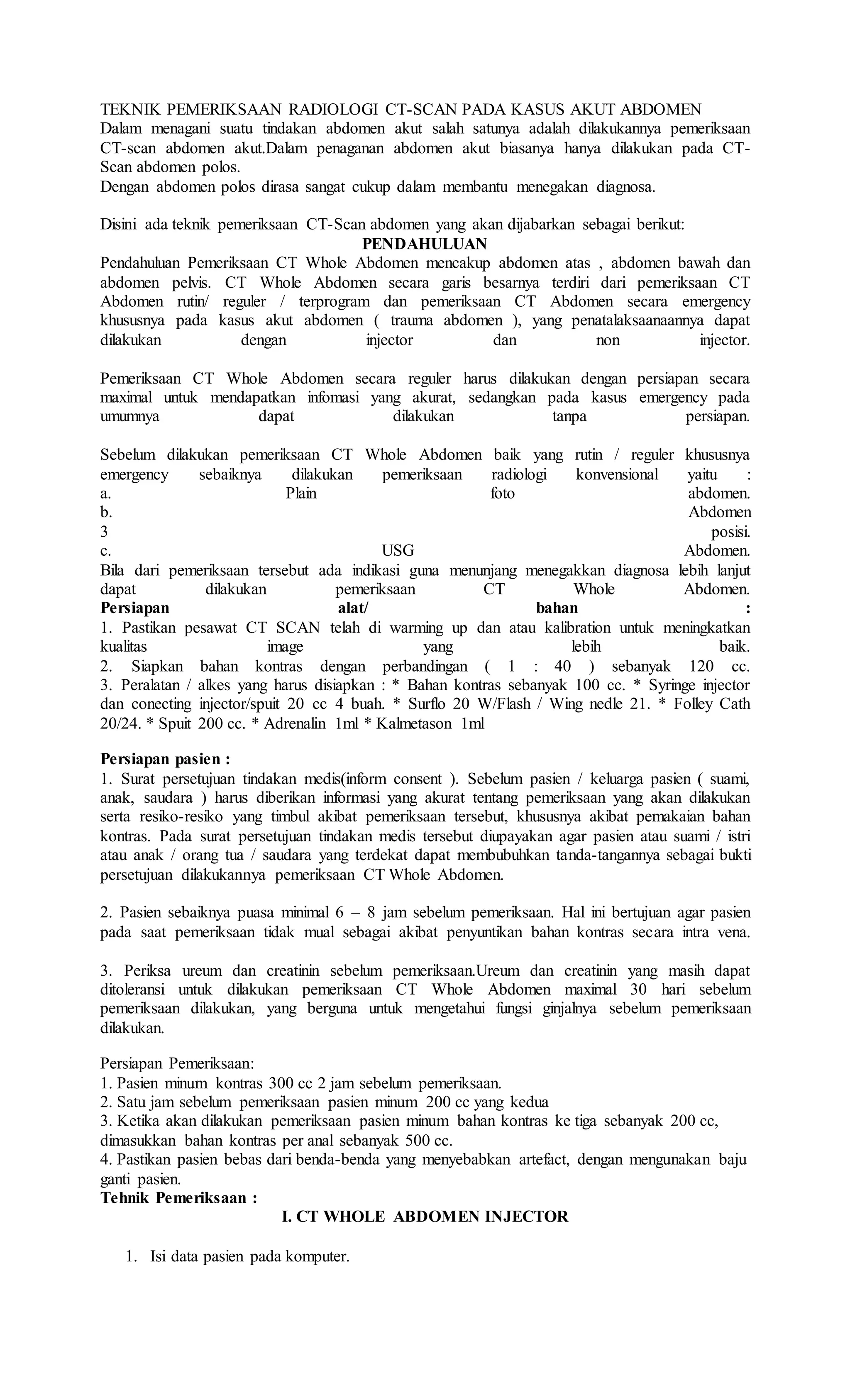 Teknik pemeriksaan radiologi ct | DOCX