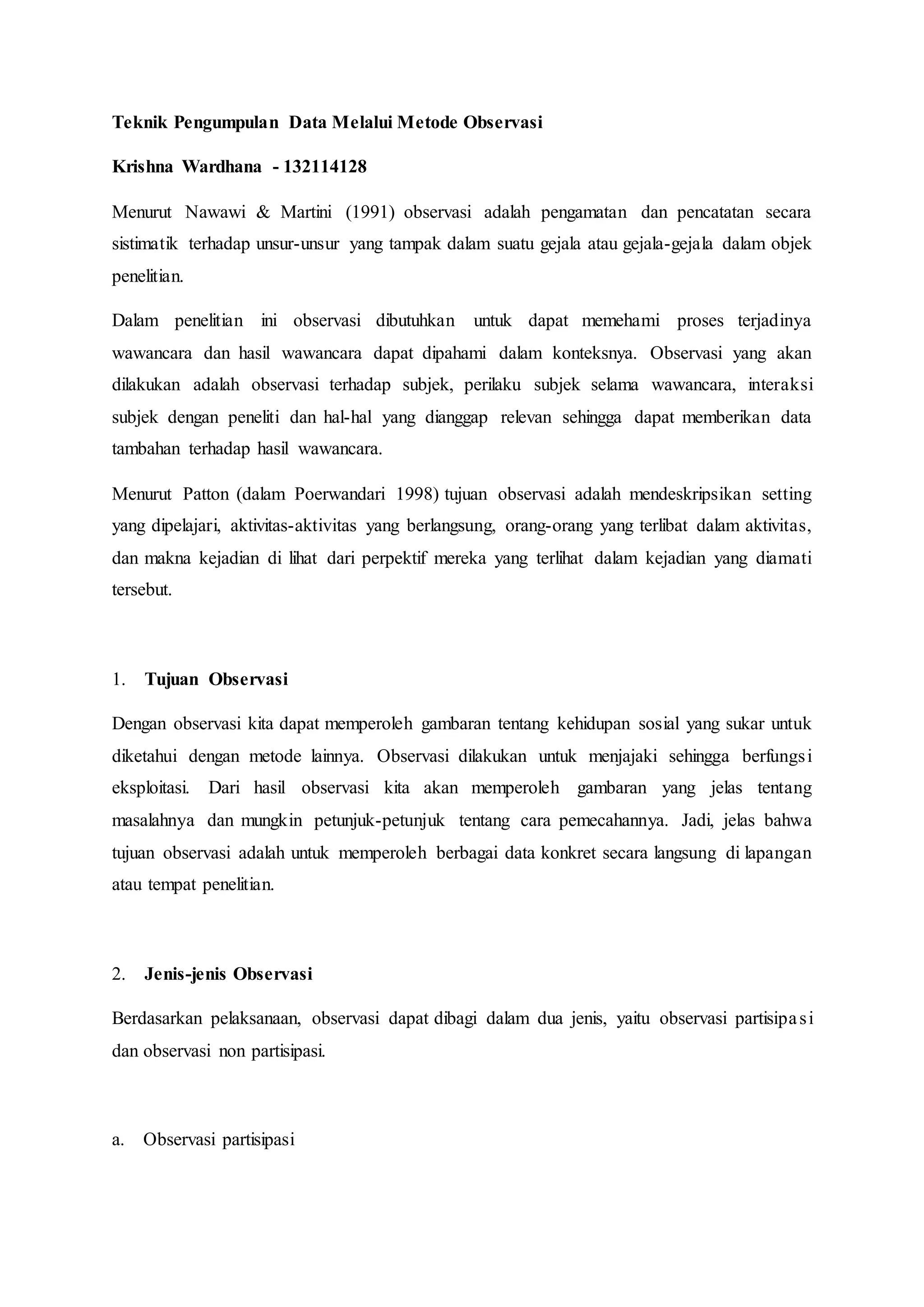 Teknik pengumpulan data melalui metode observasi | DOCX