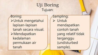 Teknik fondasi 1 - Penyelidikan Lapangan Uji Sondir, Boring, dan SPT | PPTX