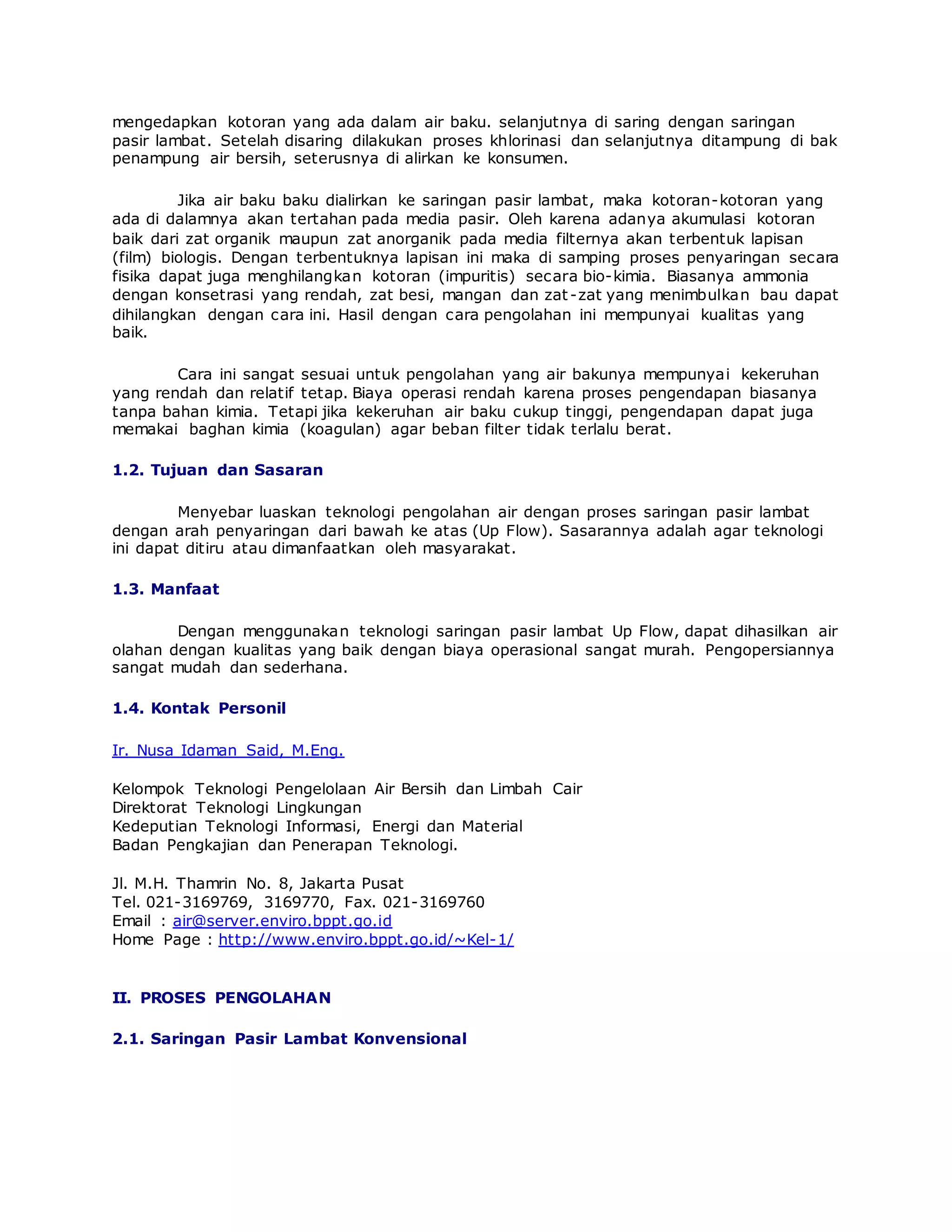 Teknologi pengolahan air bersih dengan proses saringan pasir lambat | DOCX