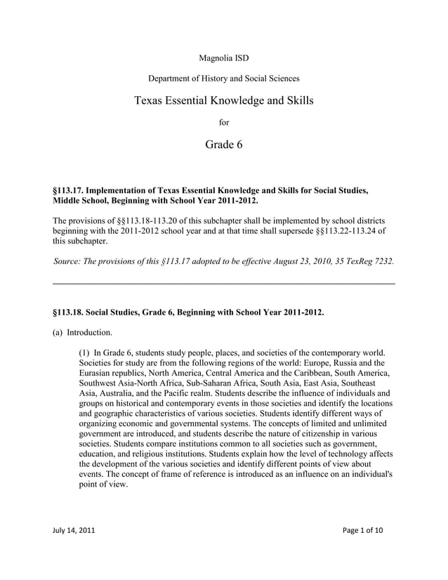 TEKS GRADE 6 2011 2012 | PDF