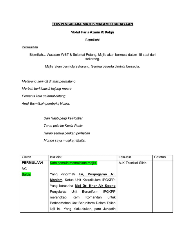 Teks MC Malam Kebudayaan UB IPG | DOCX
