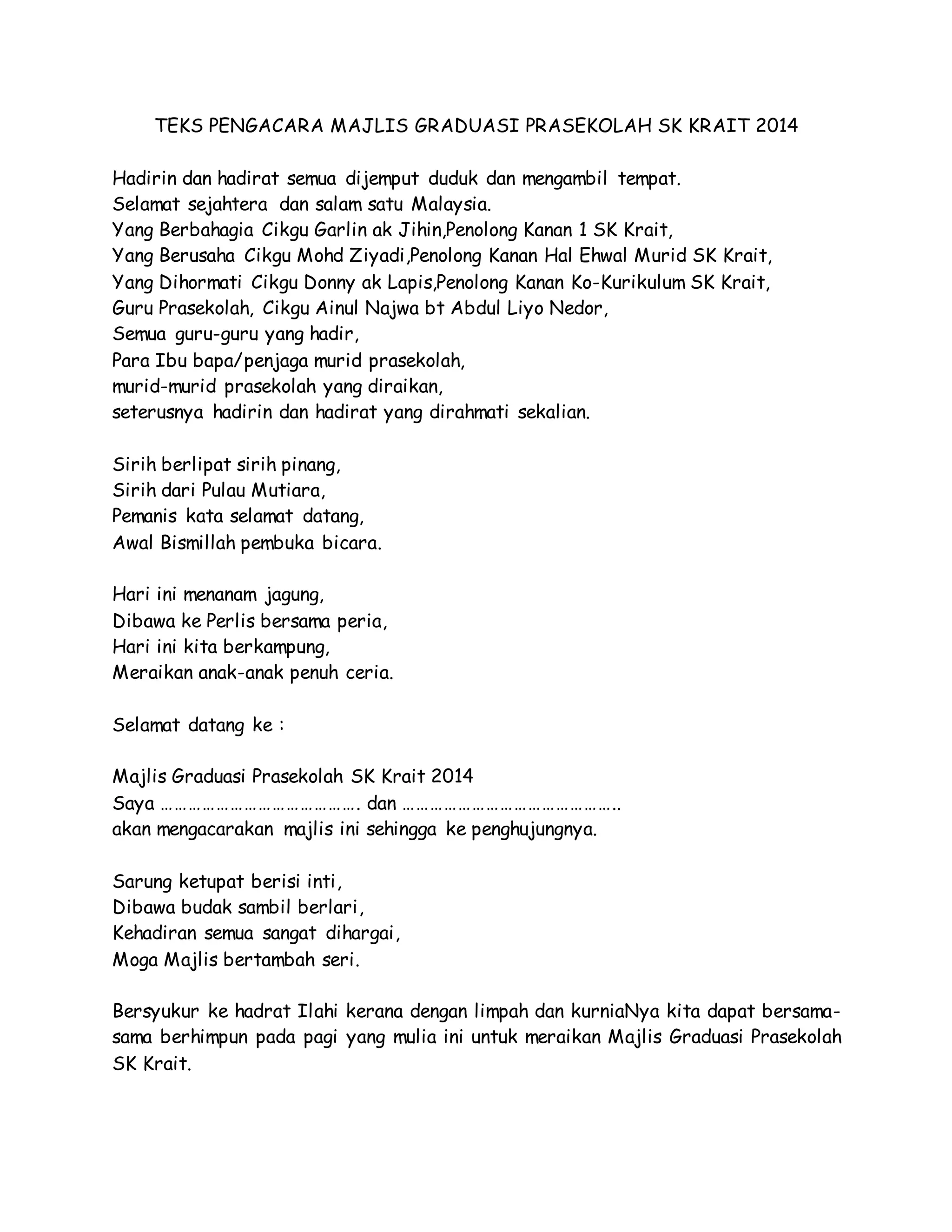 Teks pengacara majlis graduasi prasekolah sk krait 2014 | DOCX