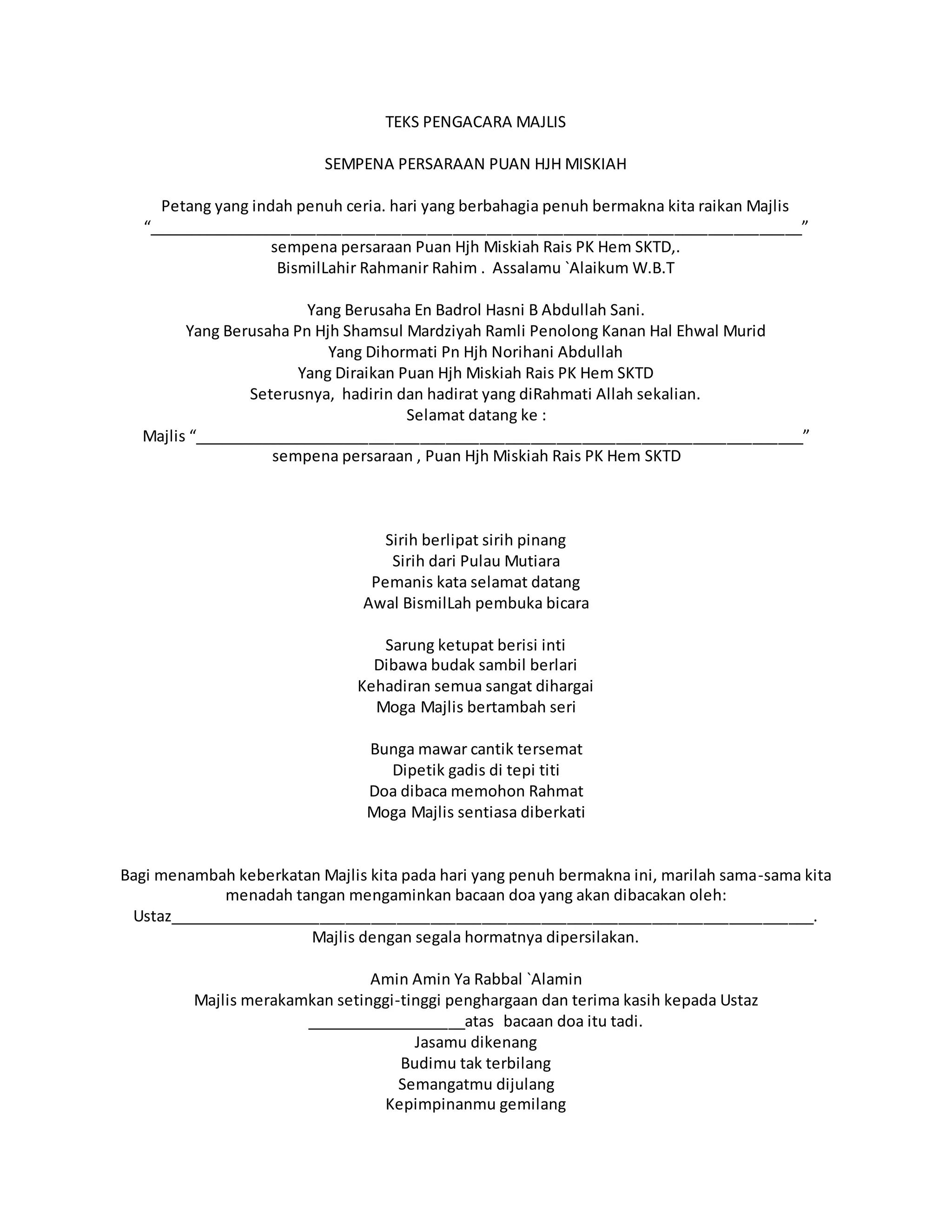 Teks pengacara majlis jamuan perpisahan pn miskiah | DOCX