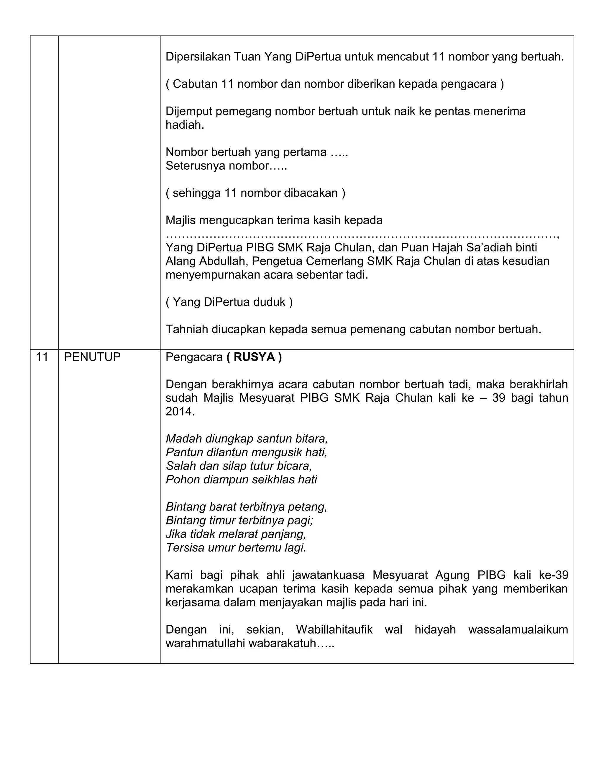 Teks pengacara majlis mesyuarat agung pibg ke 39 | DOCX