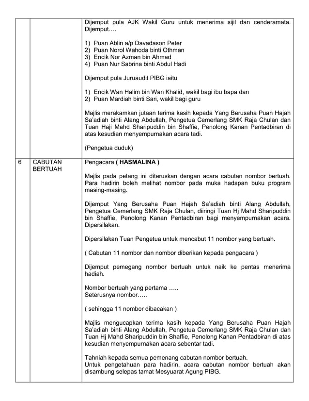 Teks pengacara majlis mesyuarat agung pibg ke 39 | DOCX