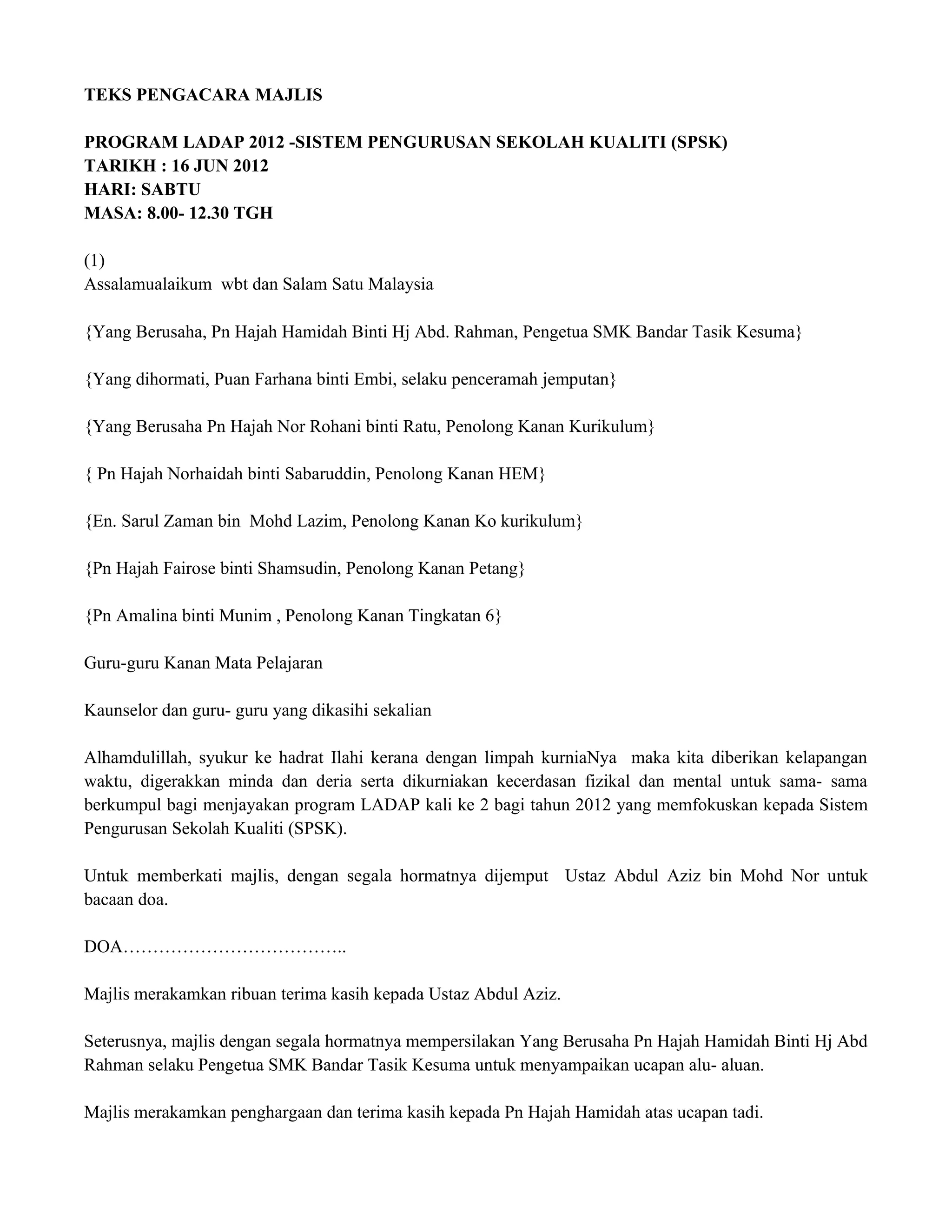 Teks pengacara majlis spsk | DOC