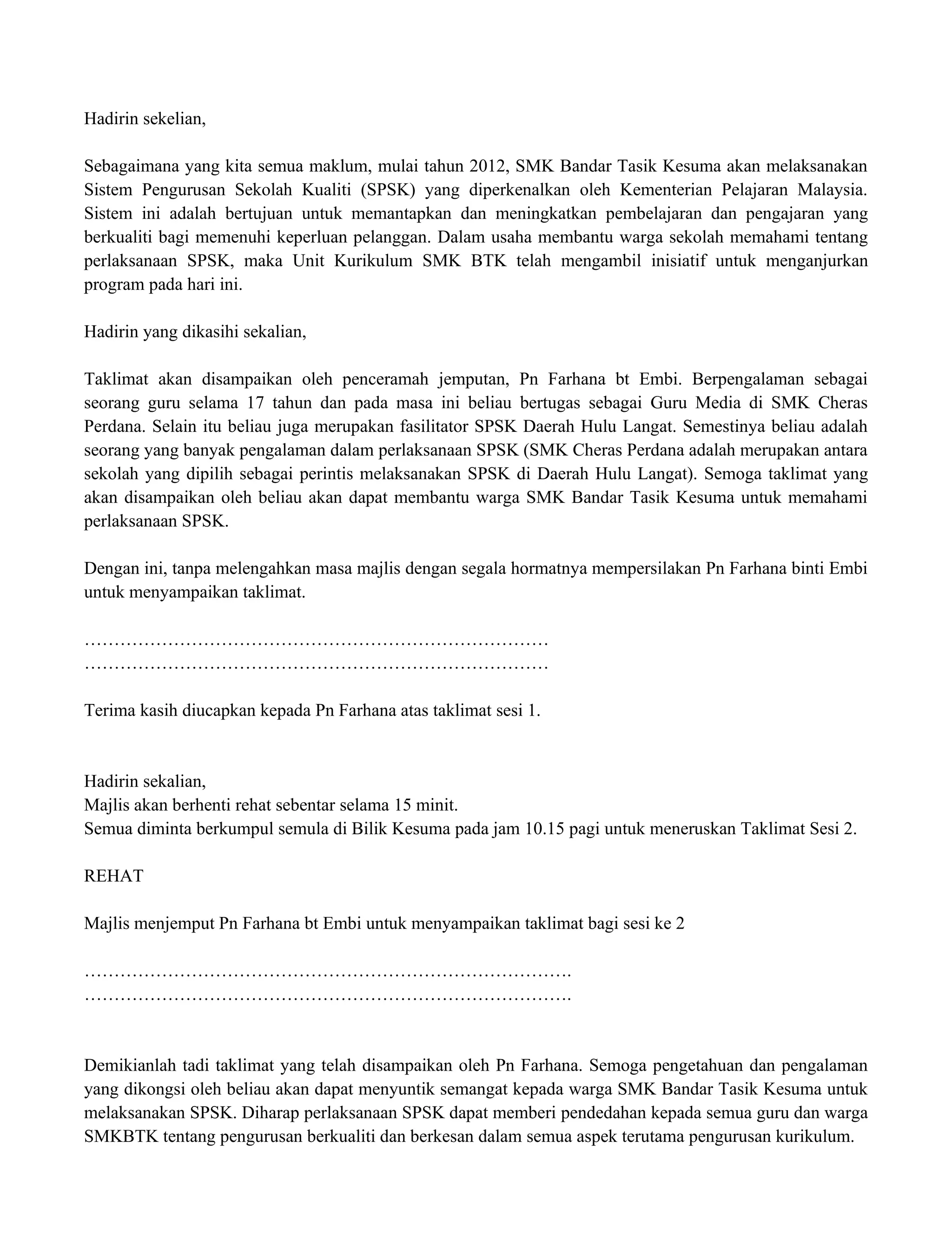 Teks pengacara majlis spsk | DOC