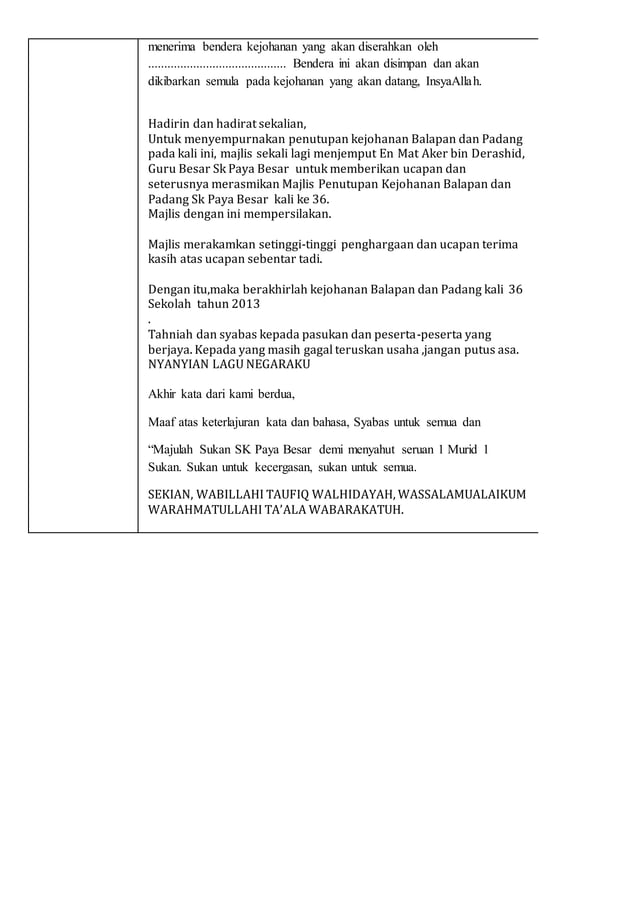 Teks pengacara perasmian dan penutupan kejohanan sukan | DOCX
