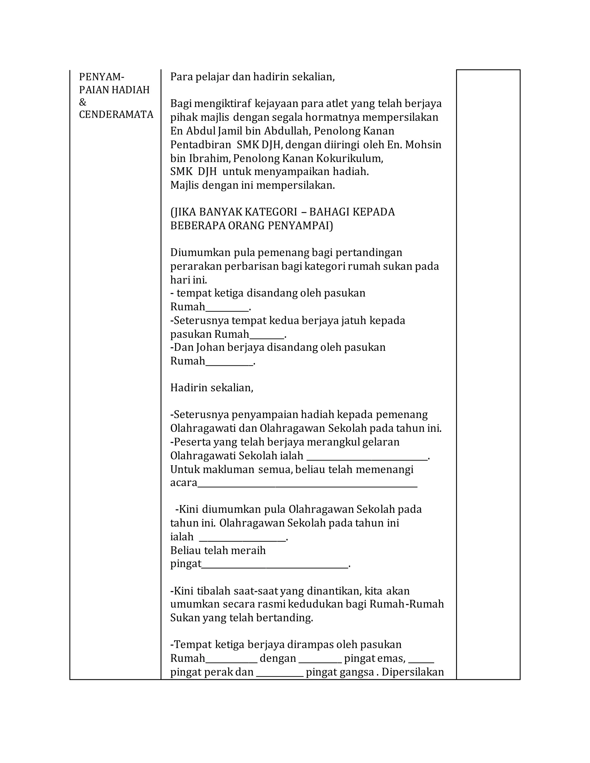 Teks pengacara perasmian dan penutupan kejohanan sukan | DOCX