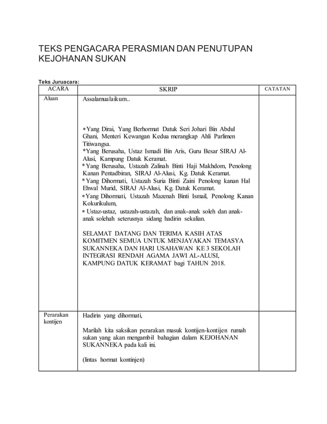 Teks pengacara perasmian dan penutupan kejohanan sukan | DOCX
