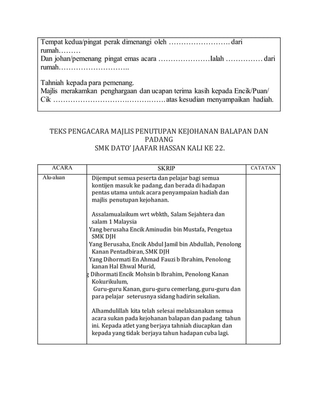 Teks pengacara perasmian dan penutupan kejohanan sukan | DOCX
