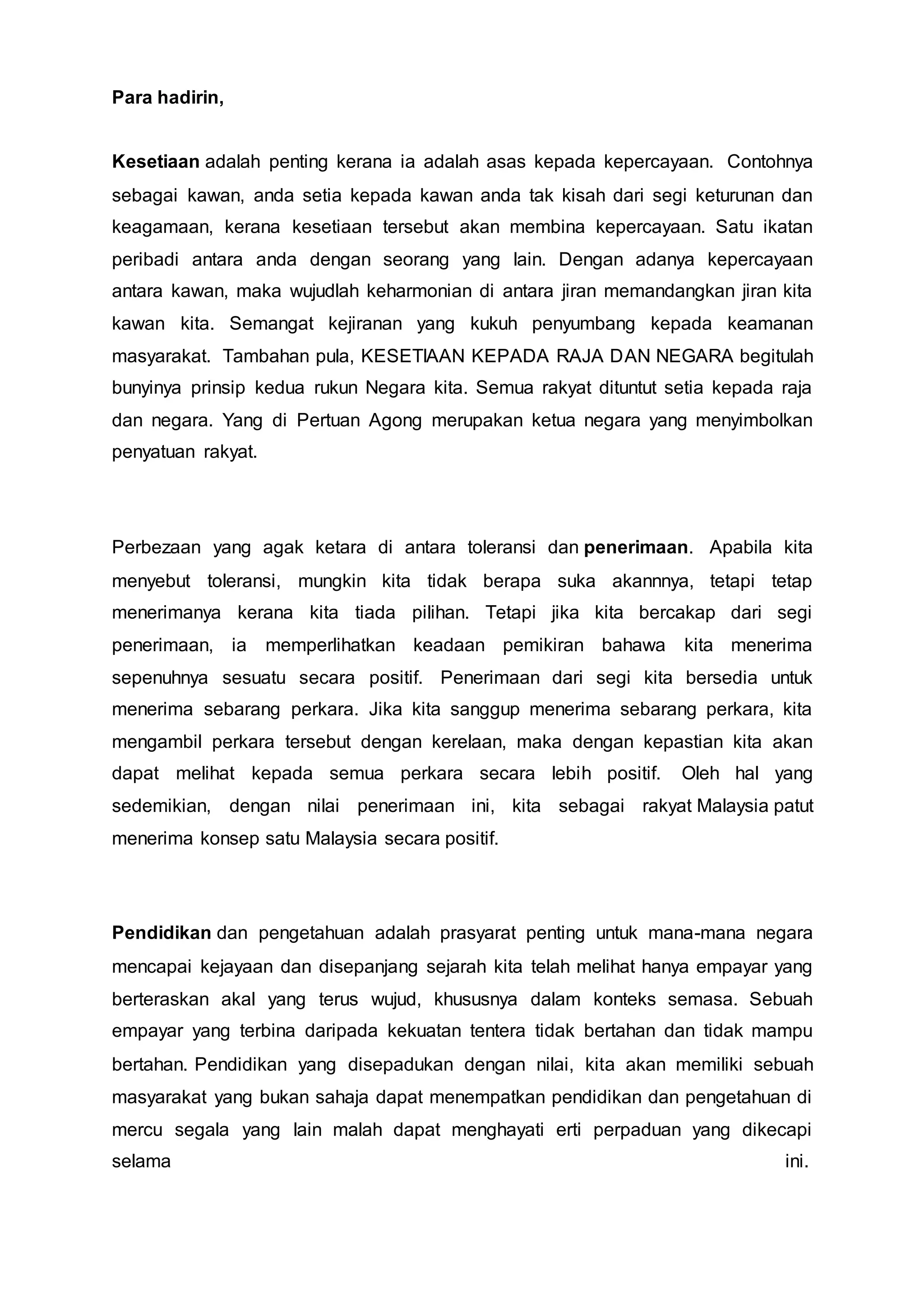 Teks syarahan 1 msia pemangkin perpaduan | DOCX