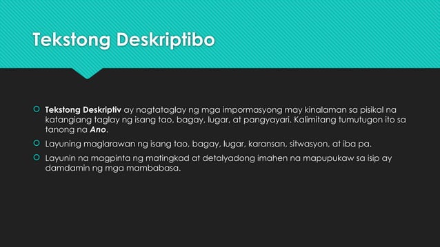 Mga uri ng Tekstong deskriptibo at kahulugan | PPTX