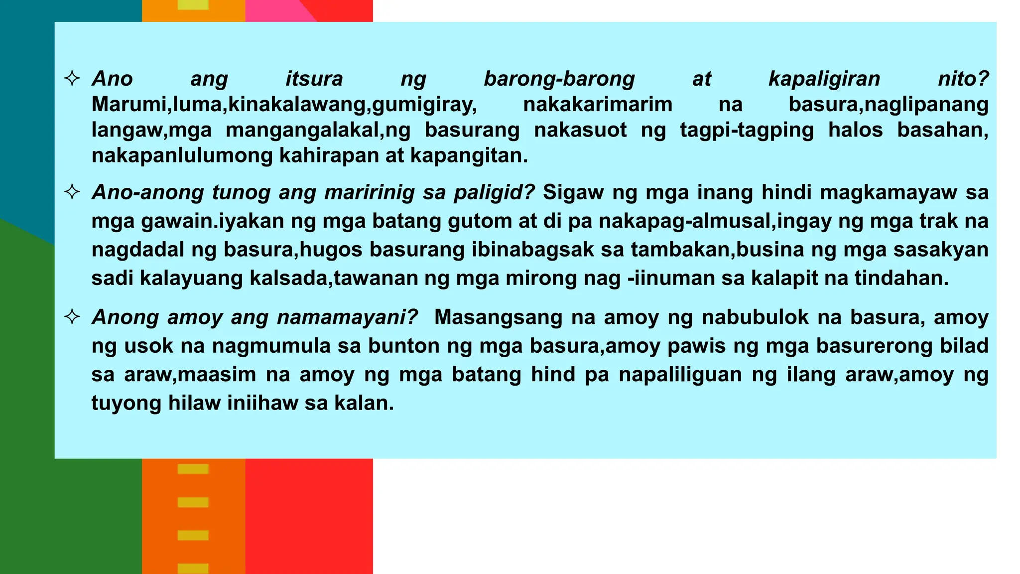 Tekstong Diskriptibo kasama nito ang mga halimbawang mga teksto at mga ...