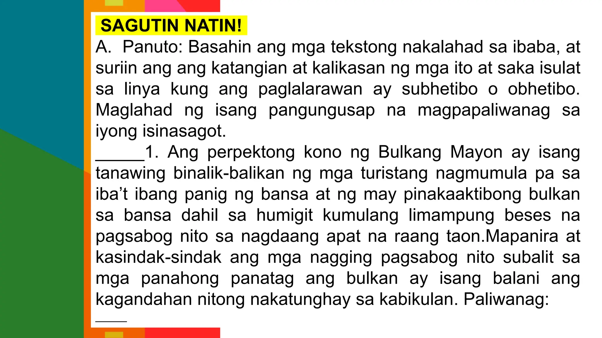 Tekstong Diskriptibo kasama nito ang mga halimbawang mga teksto at mga ...