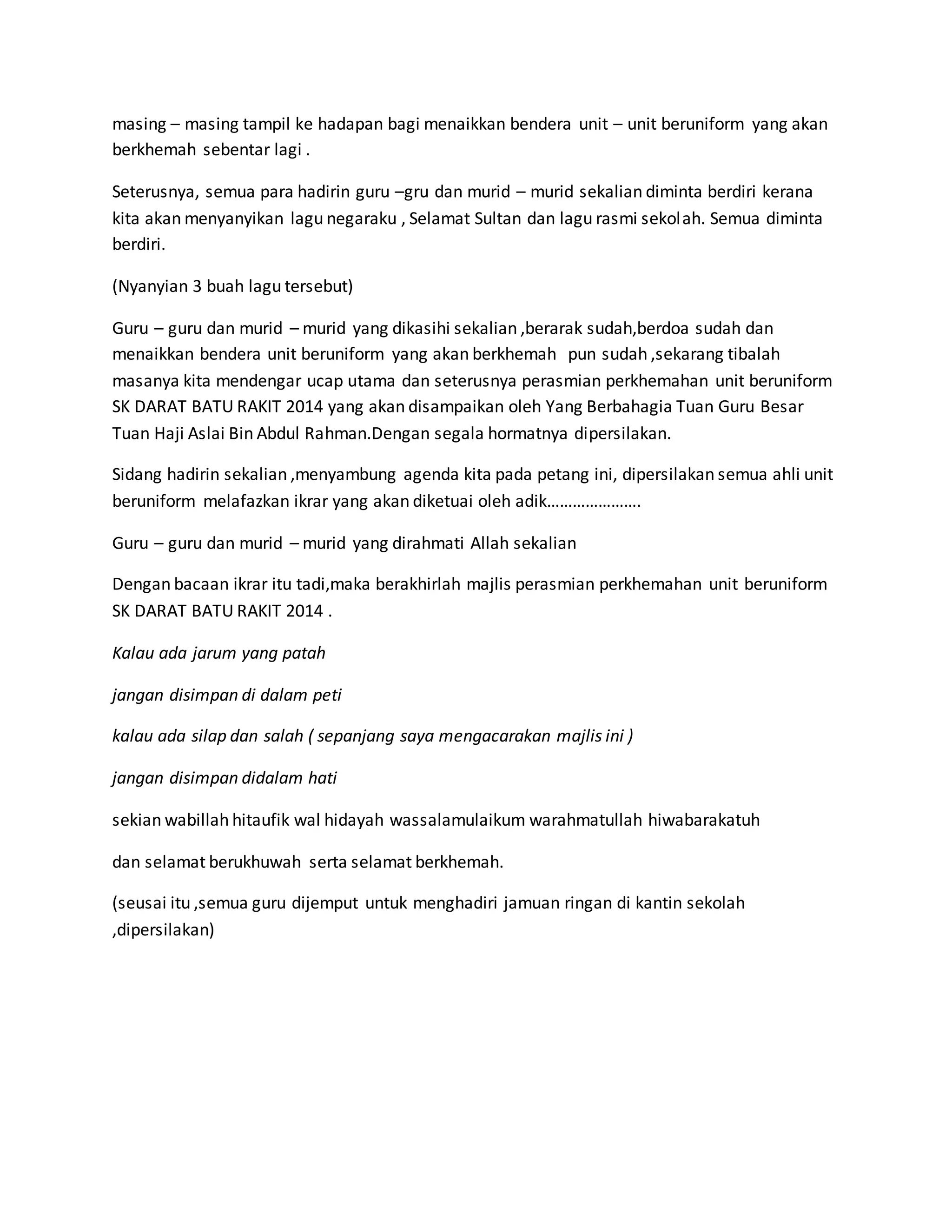 Teks ucapan pengerusi majlis perasmian perkhemahan unit beruniform 2014 ...