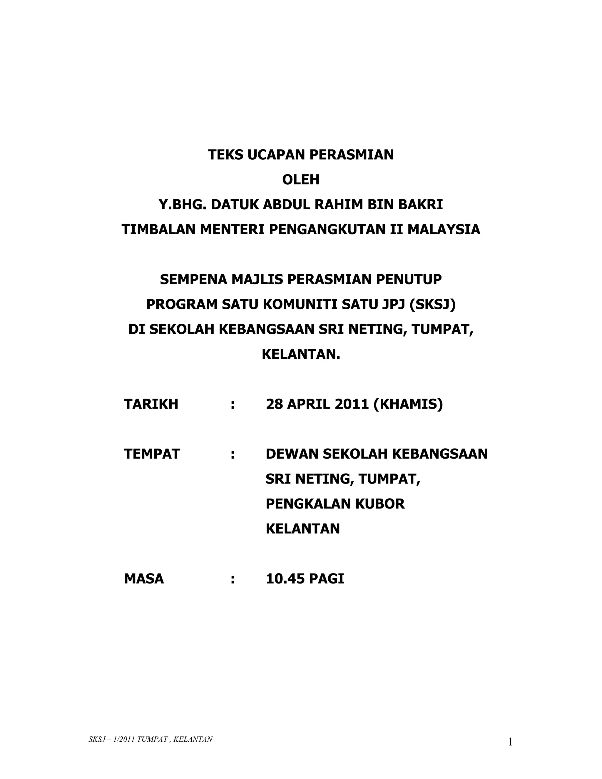 Teks ucapan timbalan menteri sempena majlis perasmian penutup program ...