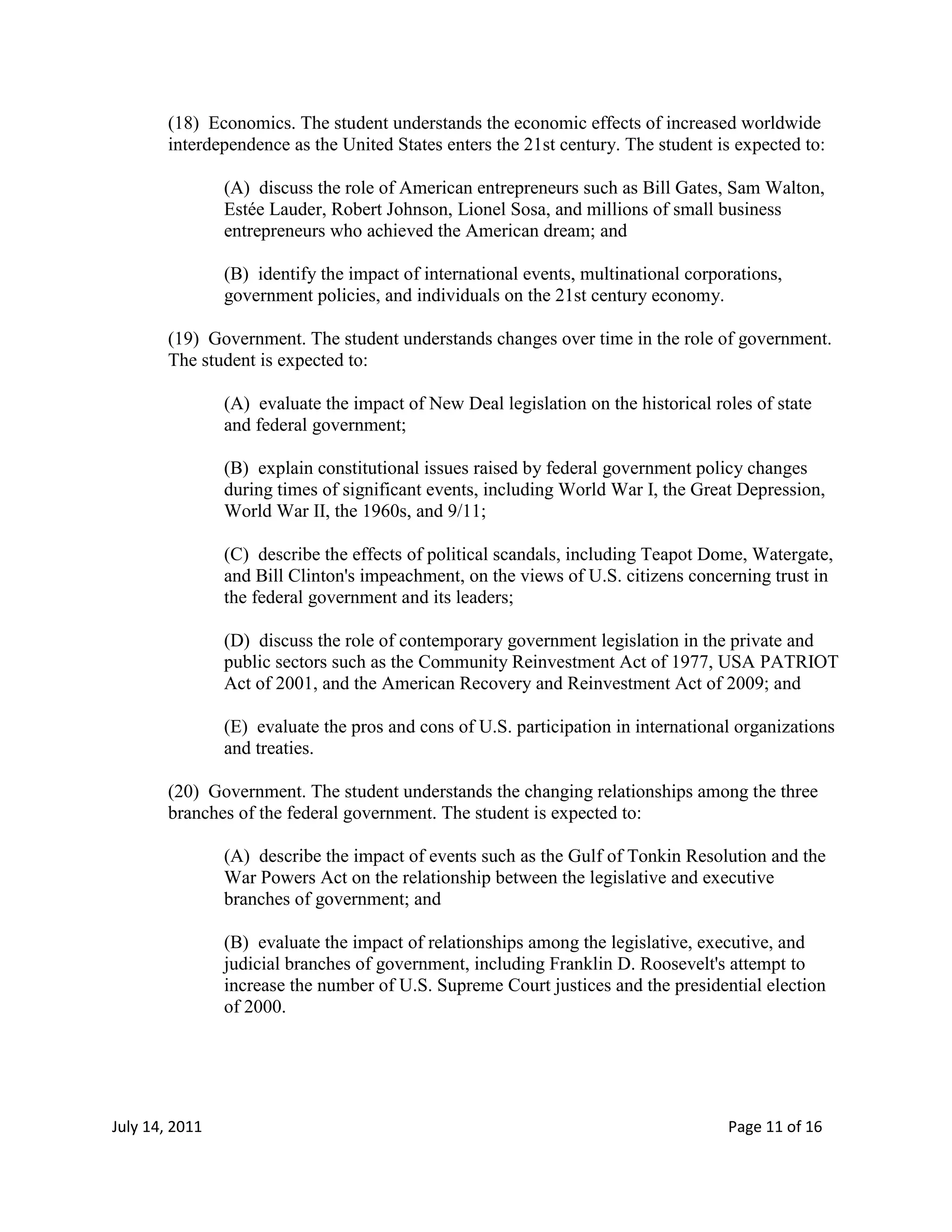 TEKS US History Since 1877 2011 2012 | DOCX