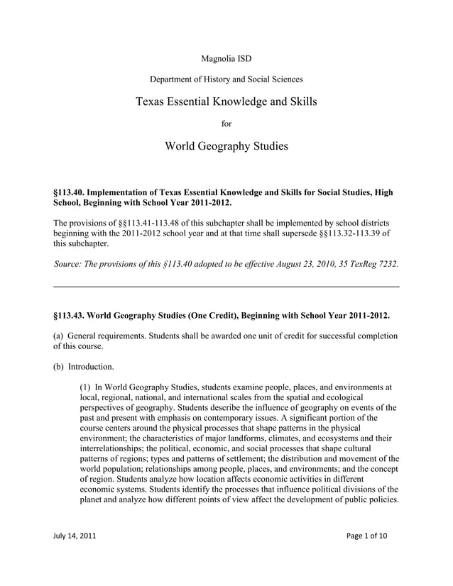 TEKS World Geography Studies 2011 2012 | DOCX | Geography | Science