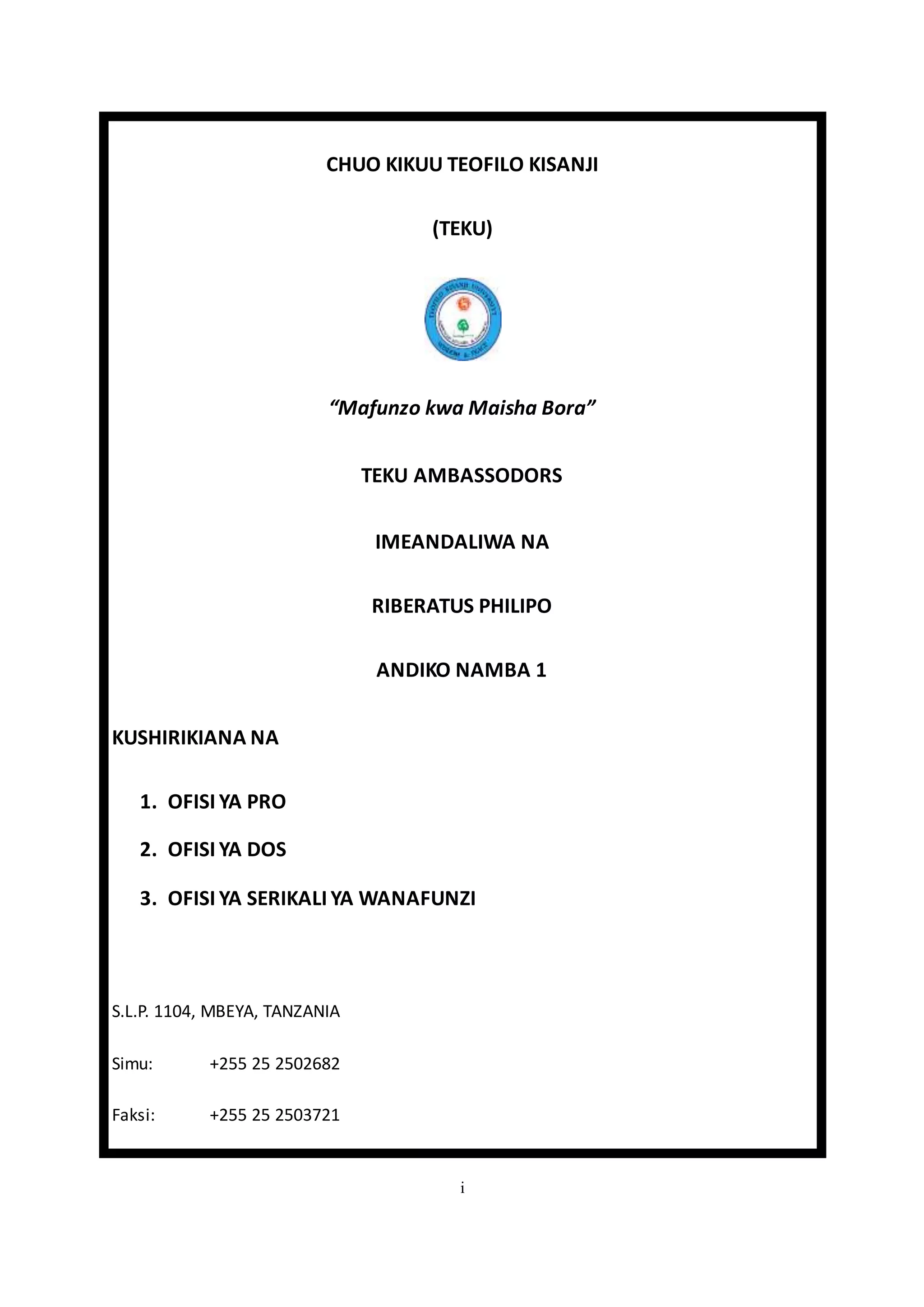 Teofilo kisanji university mbeya (TEKU) ambassador 2020 | DOCX