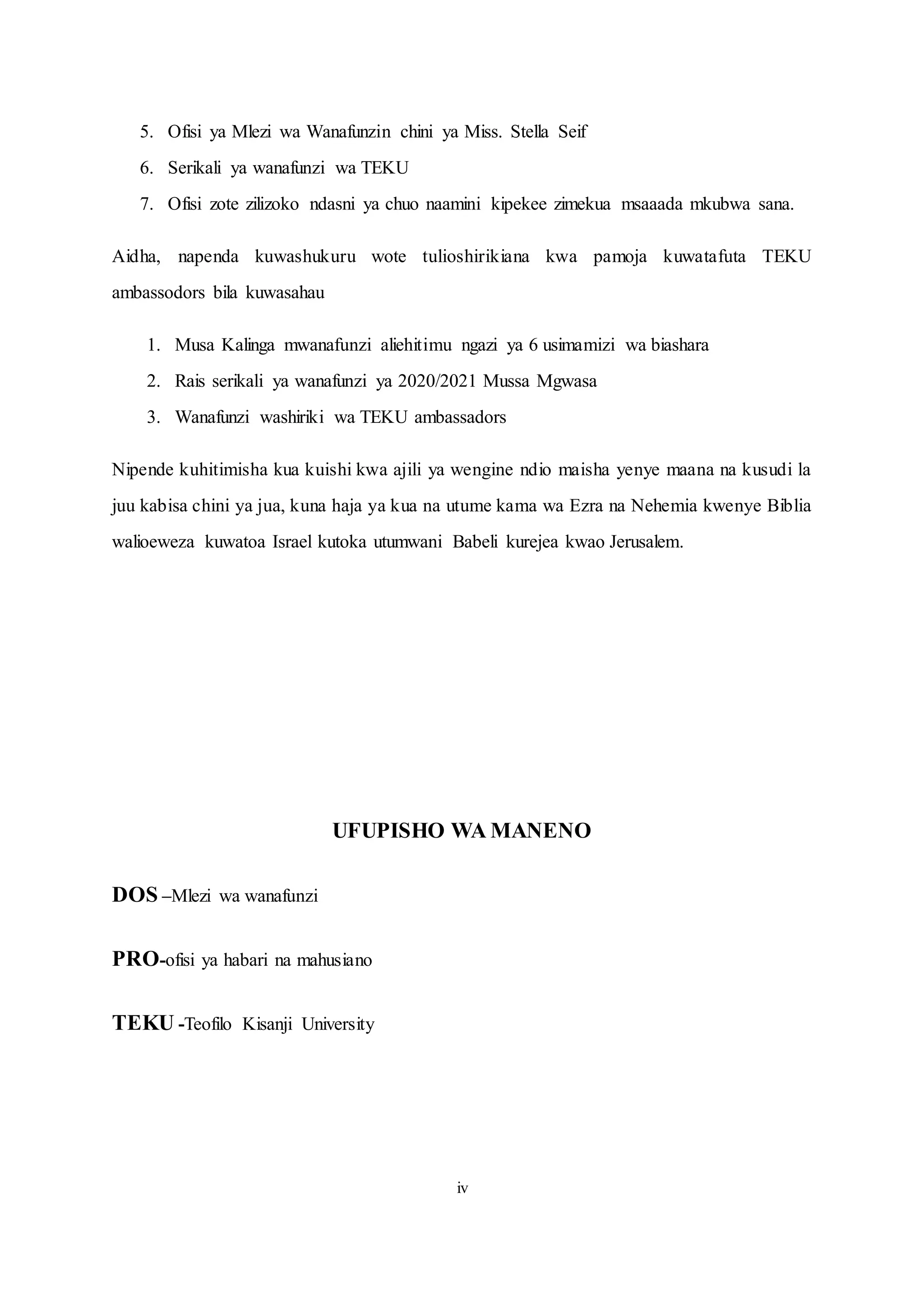 Teofilo kisanji university mbeya (TEKU) ambassador 2020 | DOCX