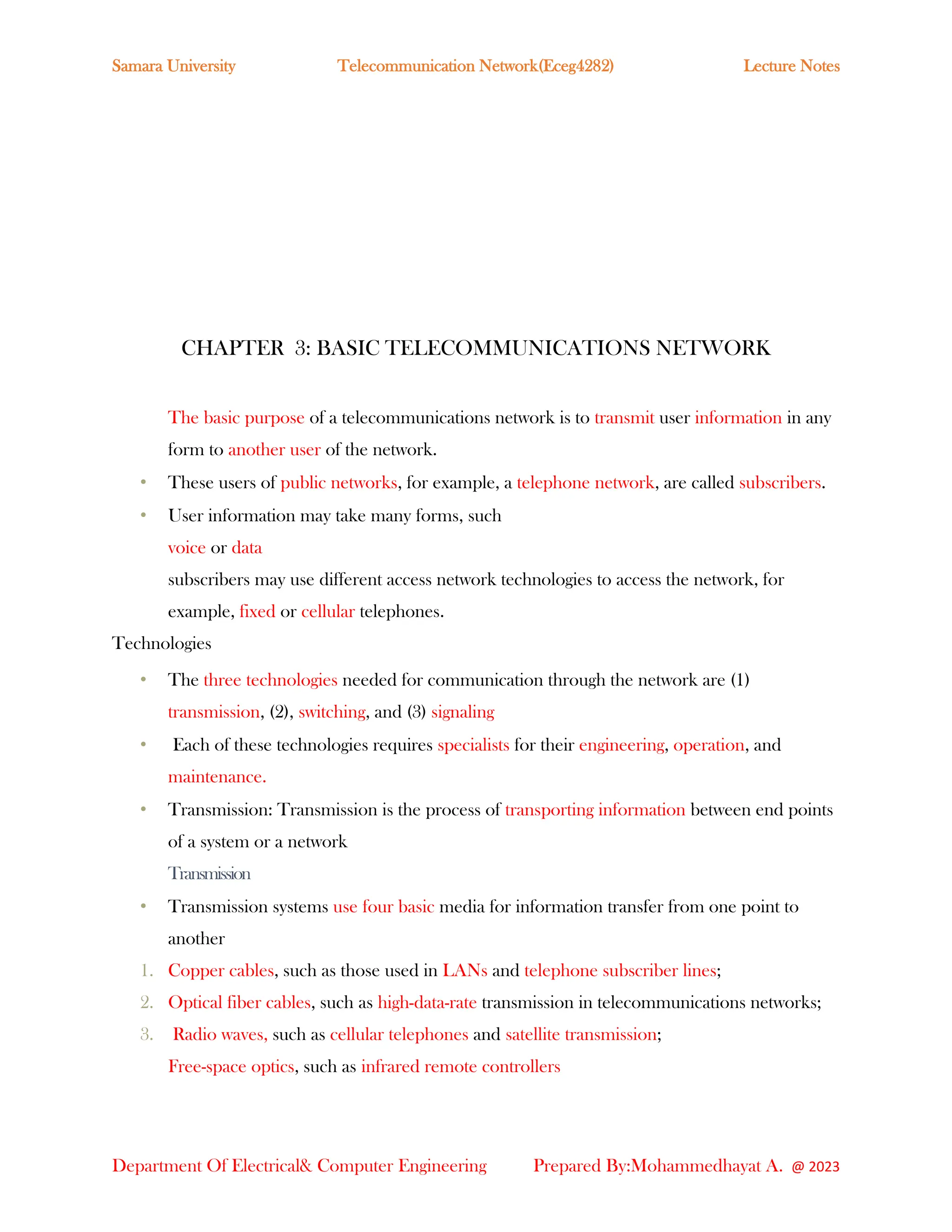 Telecommunication Network Lecture Notespdf