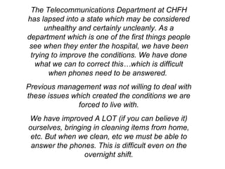 Telecommunications Dept. Maintenance and/or Cleaning Issues | PPT