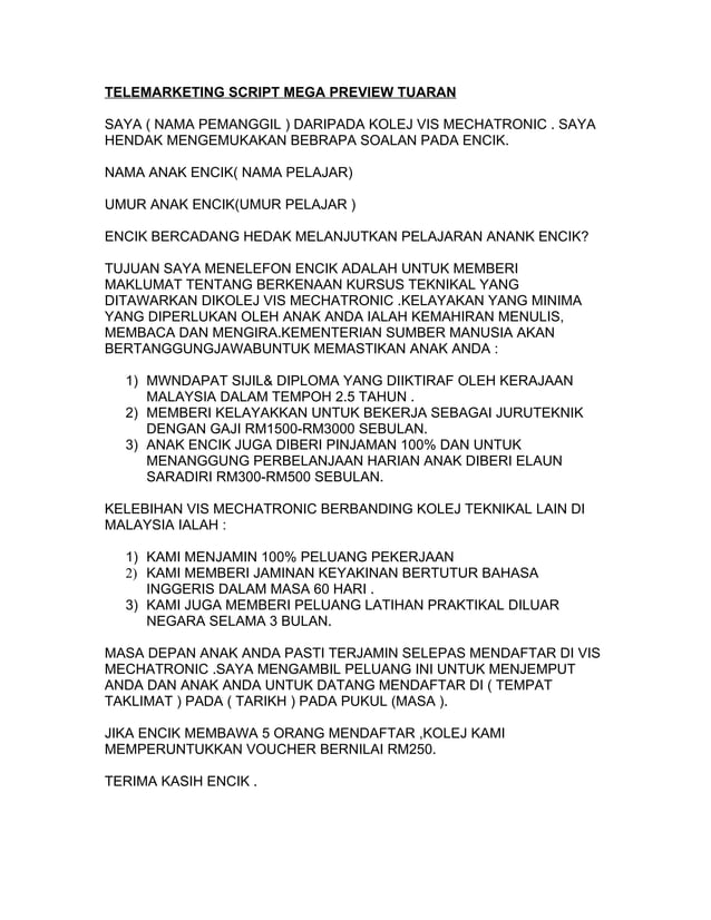 Telemarketing script mega preview tuaran | DOC