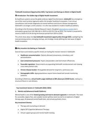 Telehealth Investment Opportunities 2025, Top Sectors and Startups to ...