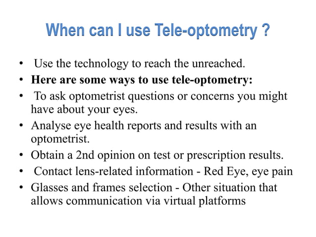 Tele Optometry (kunj'sppt) / Basics of tele optometry. | PPTX