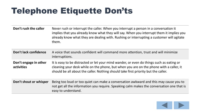 Telephone etiquette power point | PPTX | Phone Services | Home Utilities