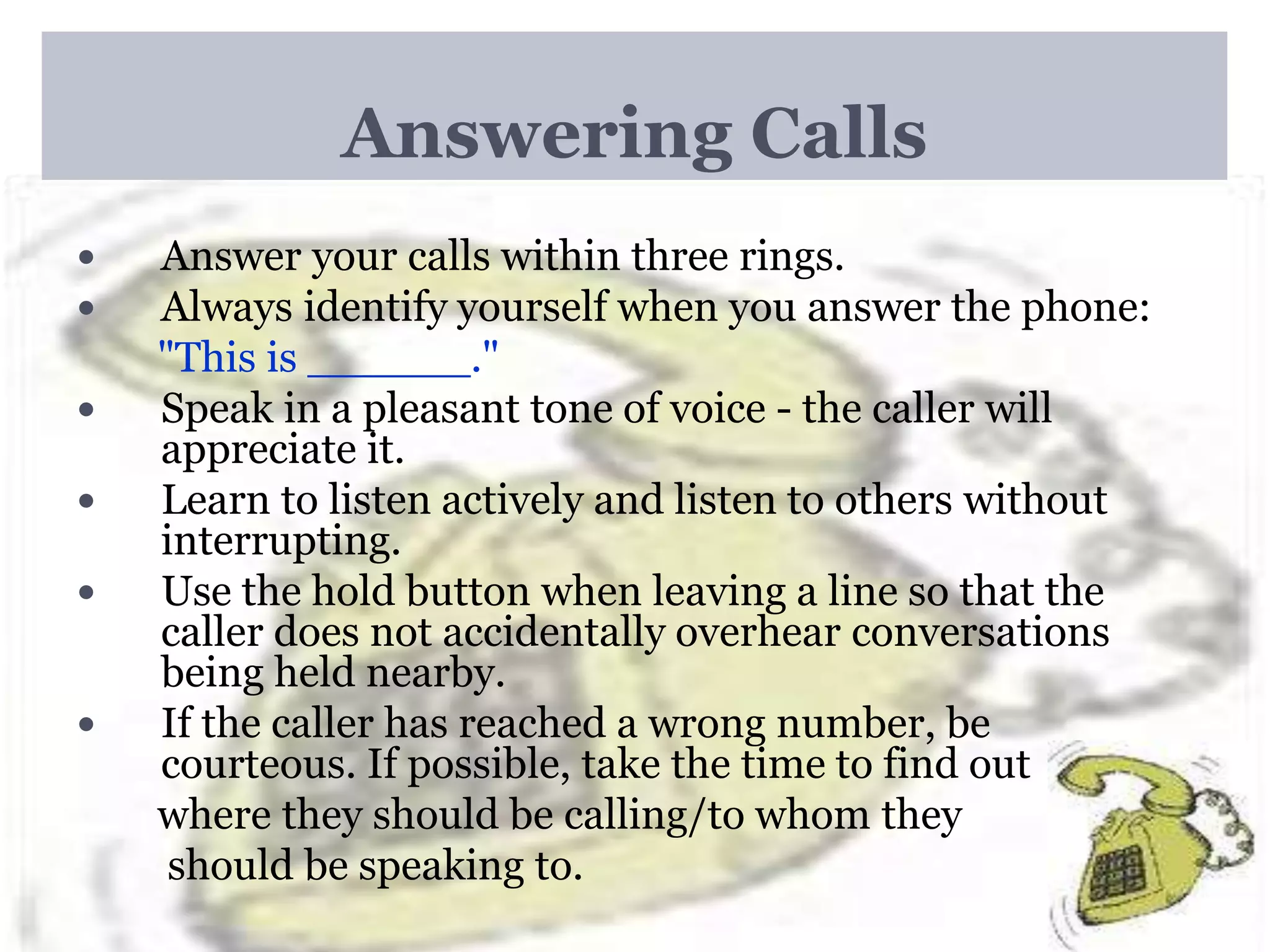 Telephone Etiquettes in Front Office Operations. | PPTX