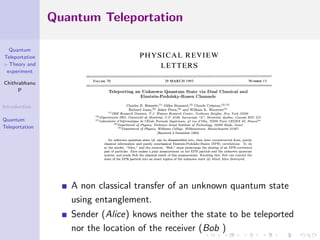 Quantum Teleportation : Theory and Experiment | PDF | Physics | Science