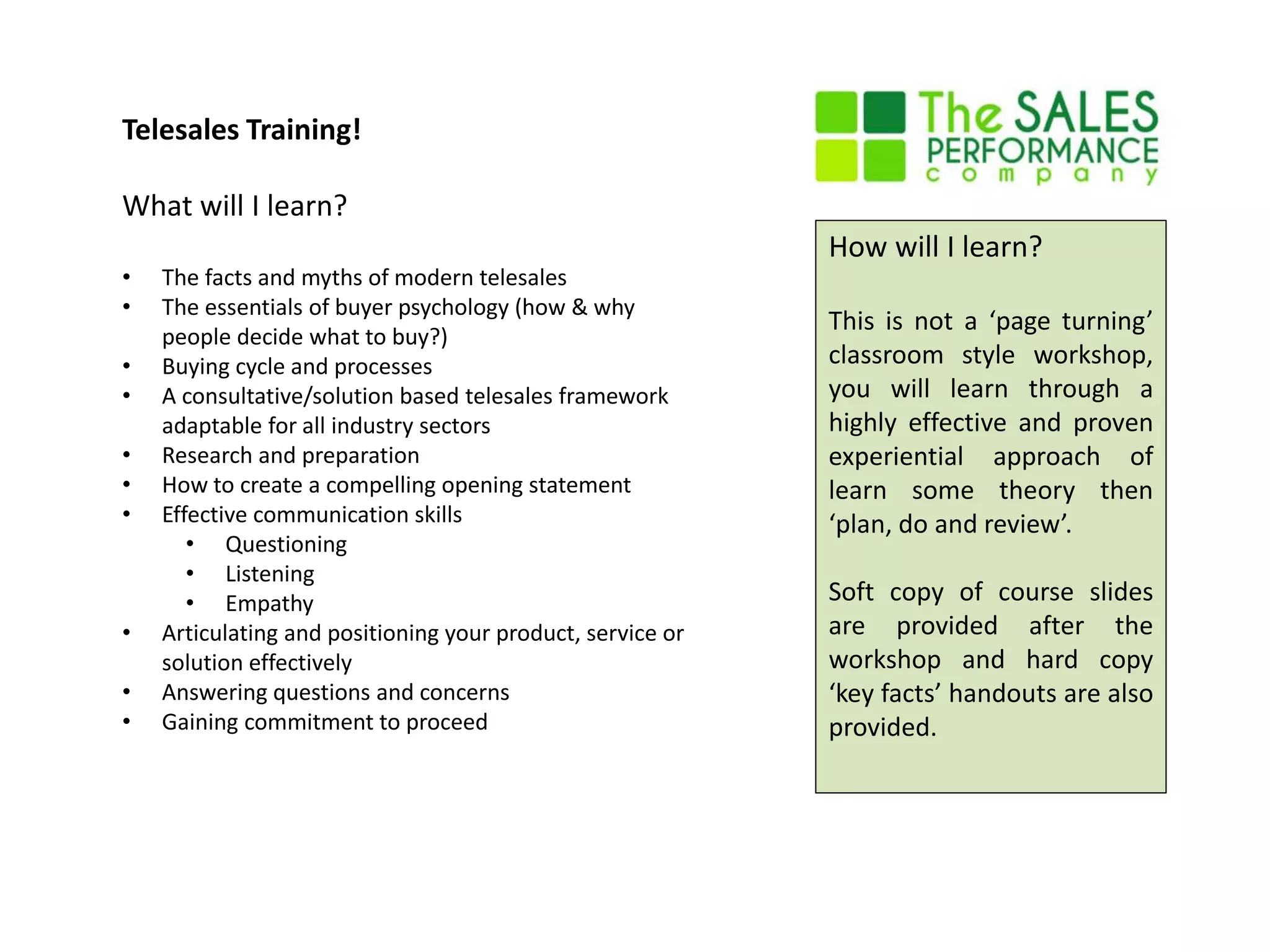 Telesales Training - The Sales Performance Company Ltd | PPTX