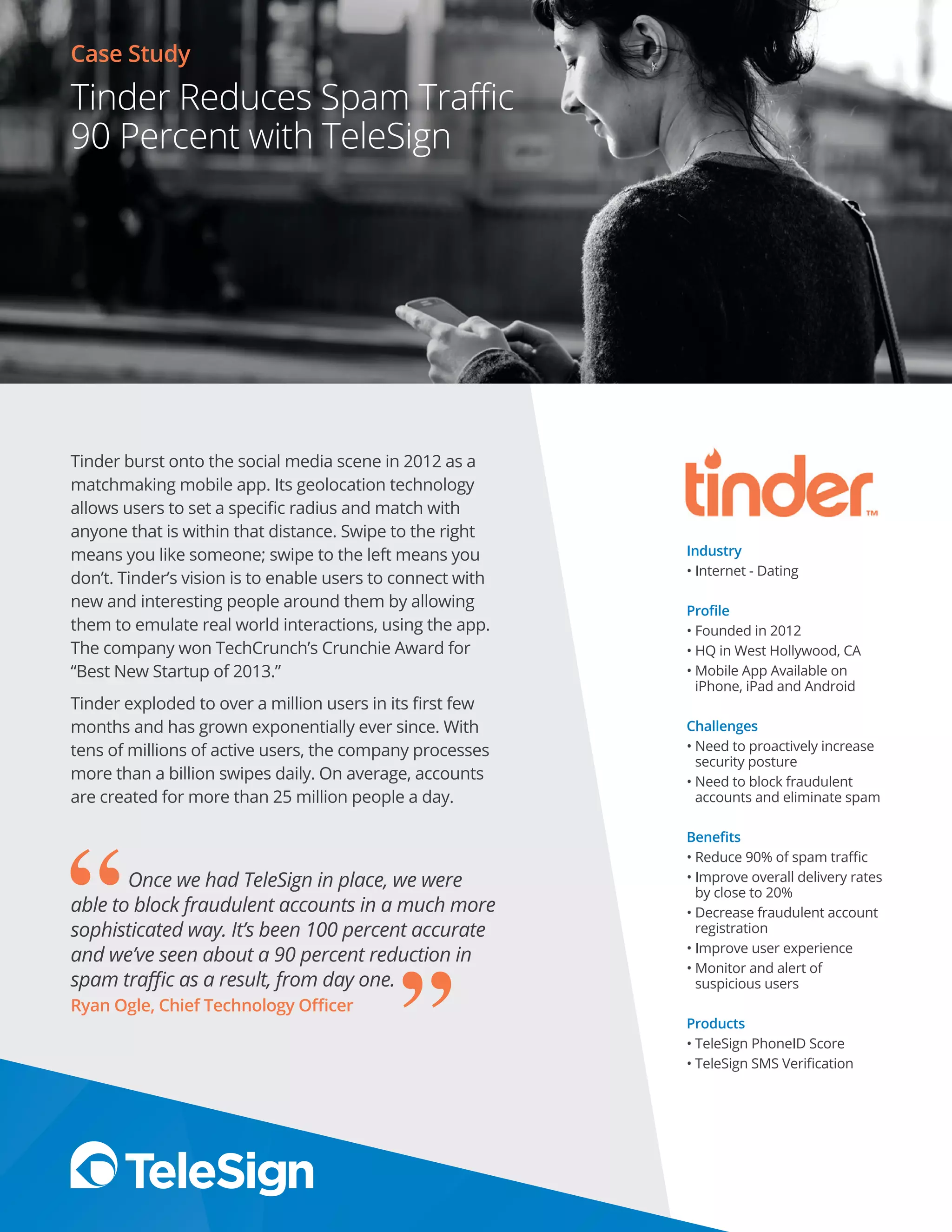 Tinder Reduces Spam Traffic 90% with TeleSign - Case Study | PDF