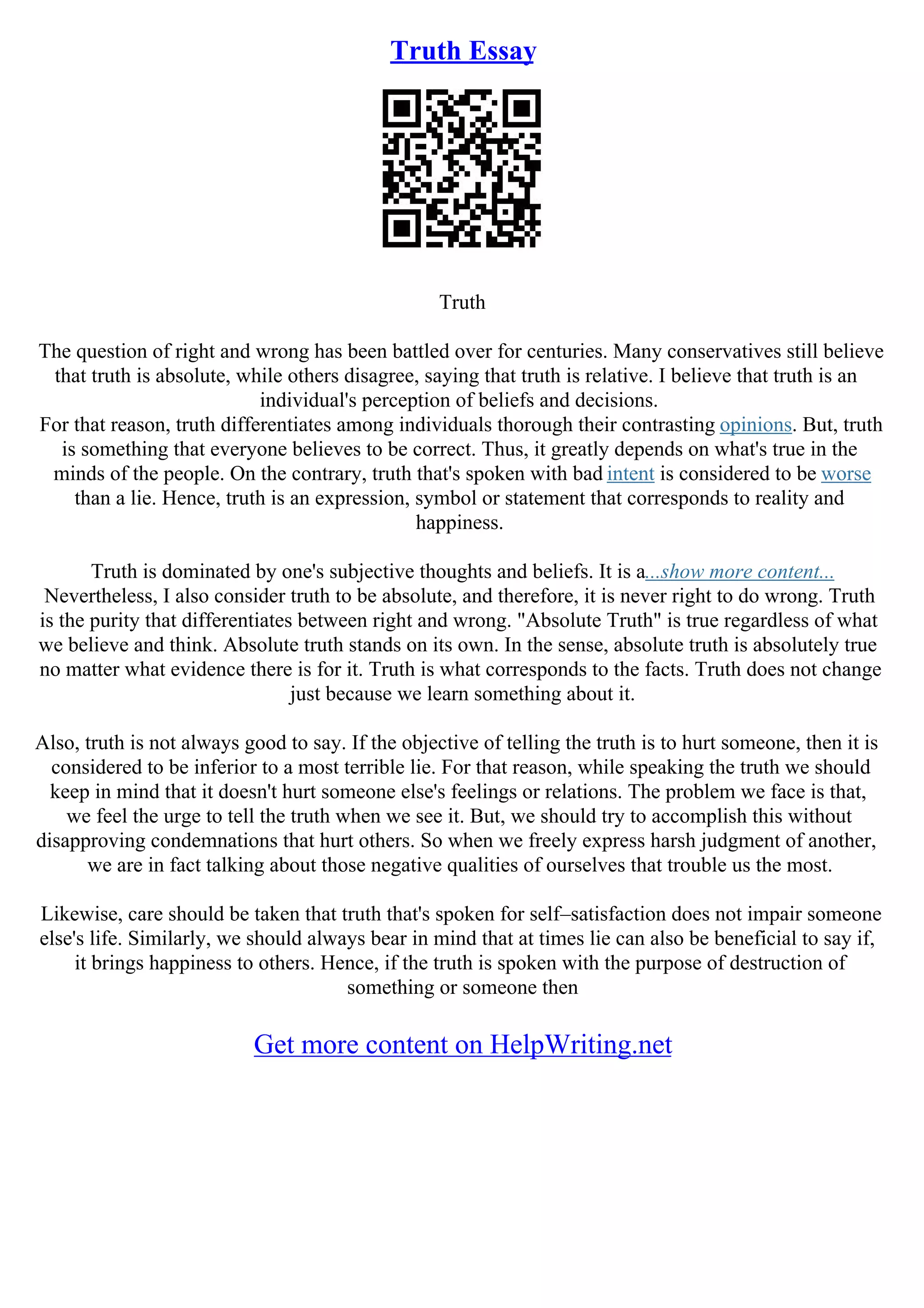 Telling The Truth Essay | PDF