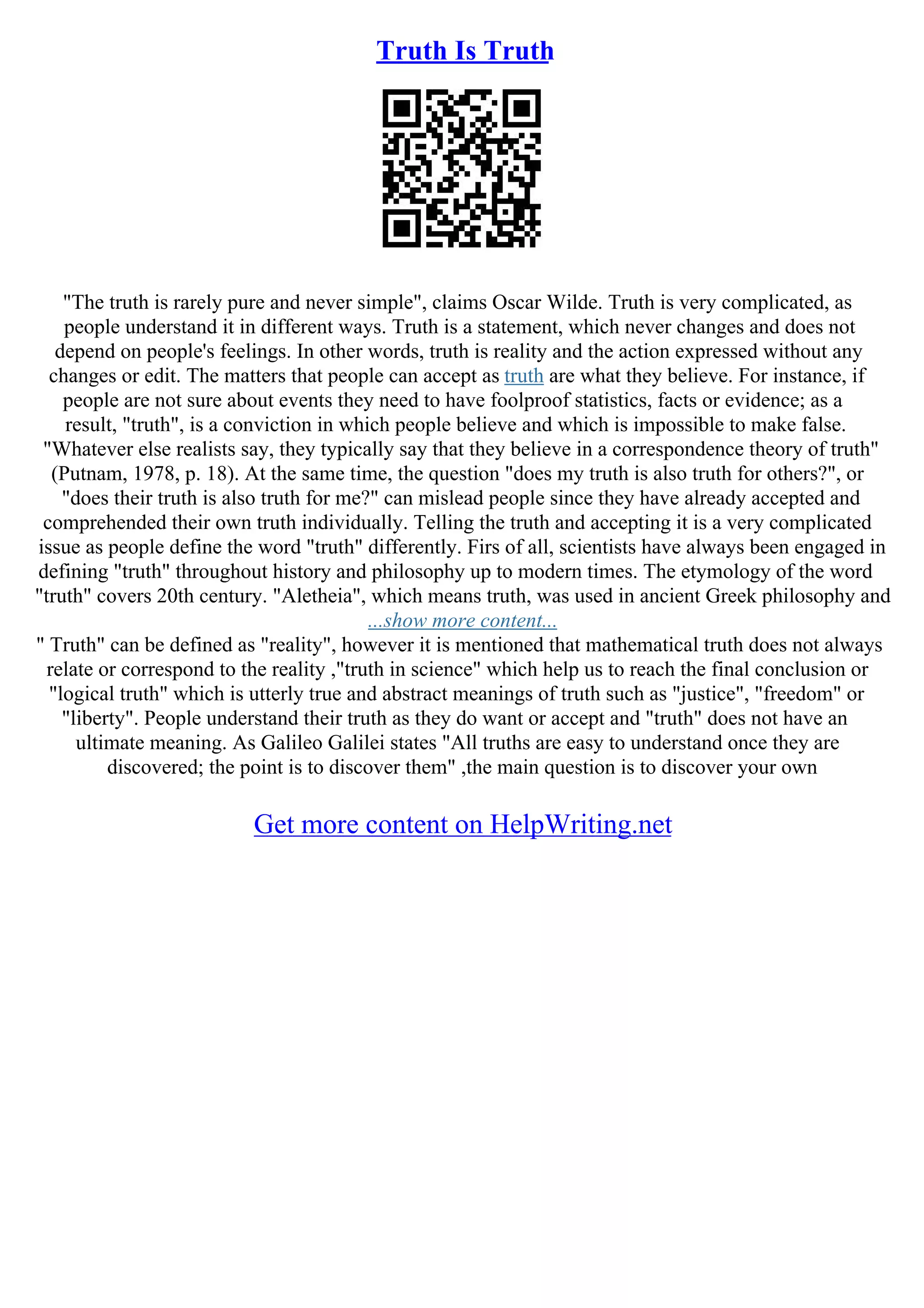 Telling The Truth Essay | PDF