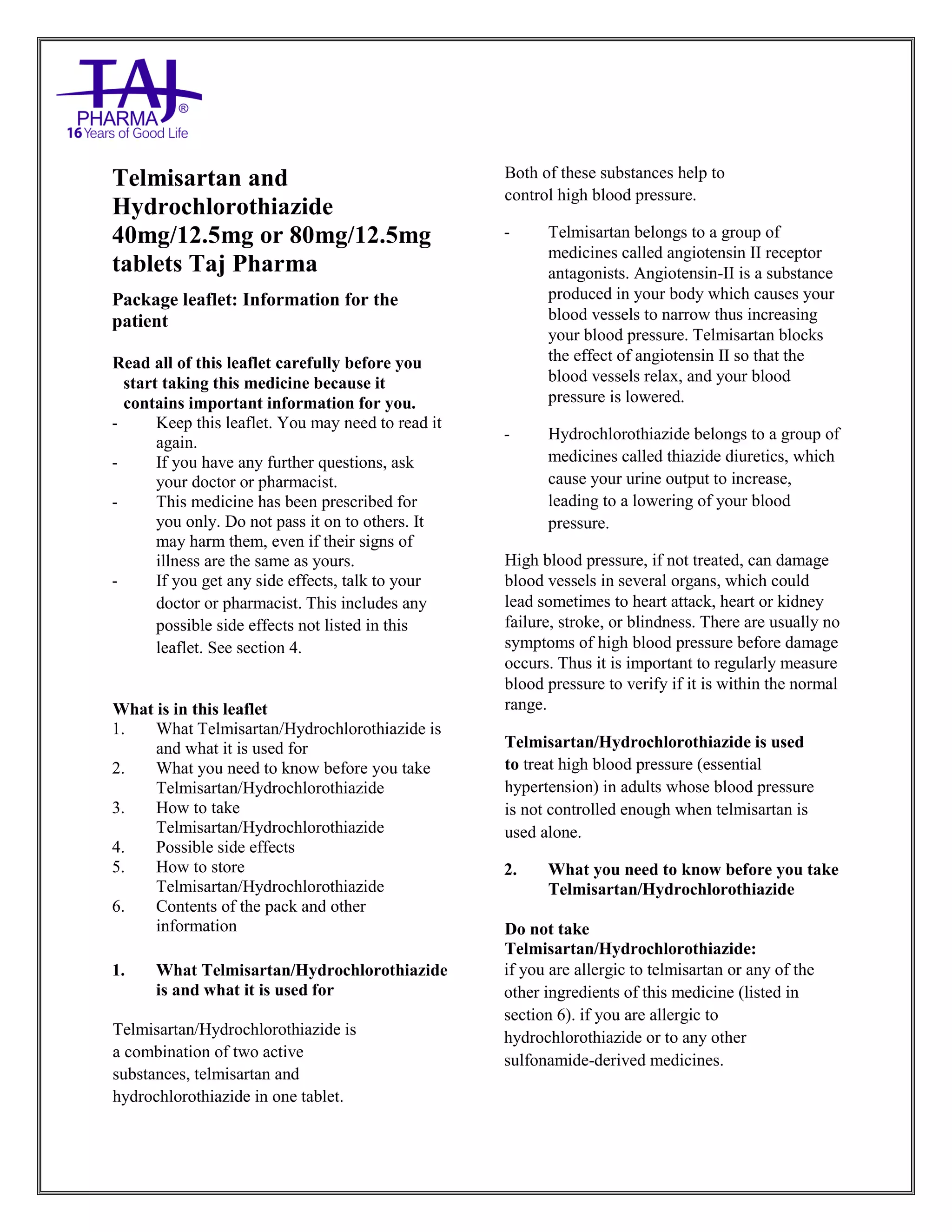 Telmisartan/HCTZ Tablets Taj Pharma PIL | PDF