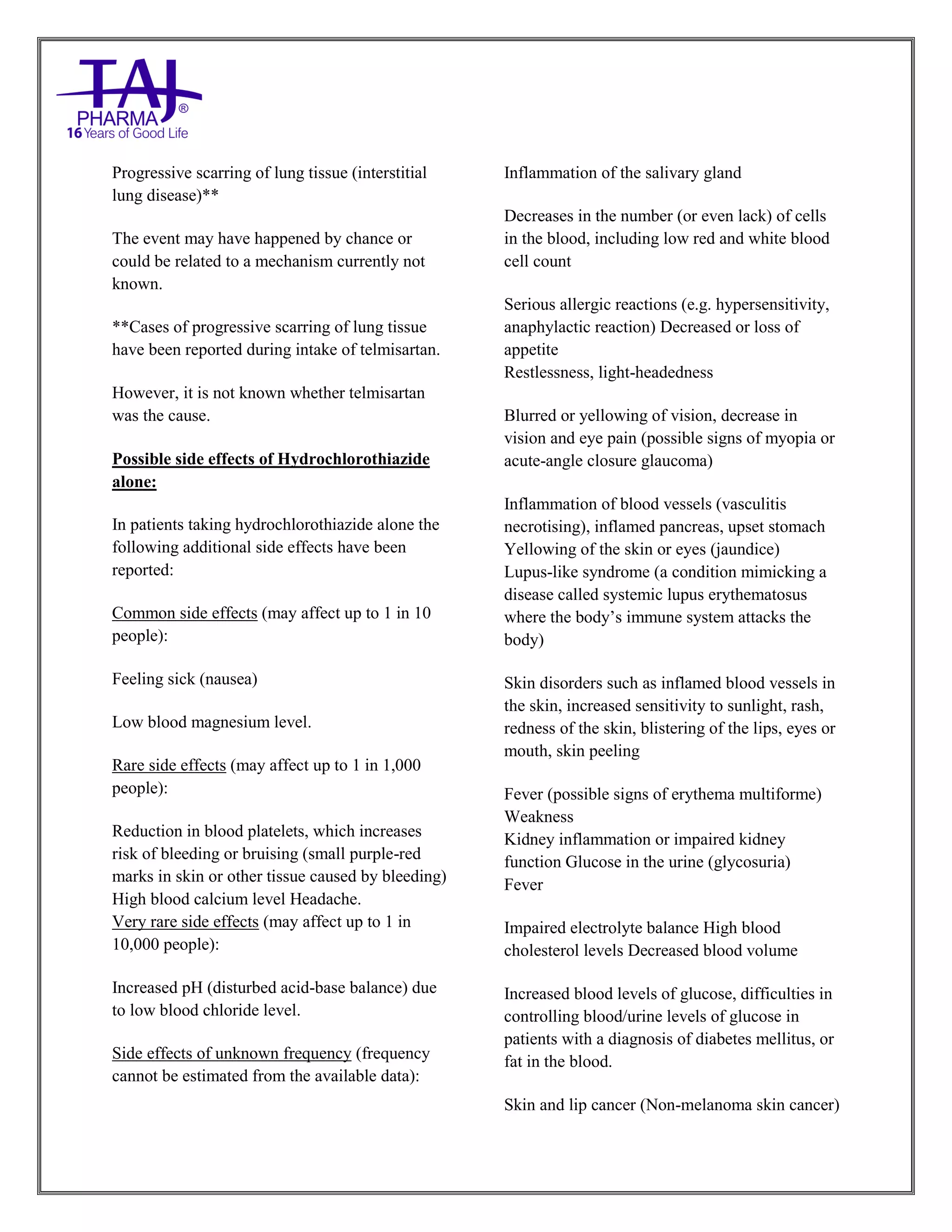 Telmisartan/HCTZ Tablets Taj Pharma PIL | PDF