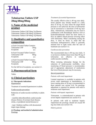 Telmisartan Tablets USP Taj Pharma SmPC | PDF