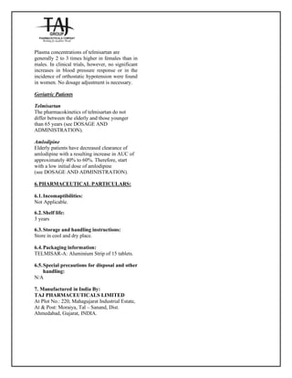 Telmisartan and Amlodipine Tablets IP 40mg/5mg (Telmisar-A) Taj Pharma ...