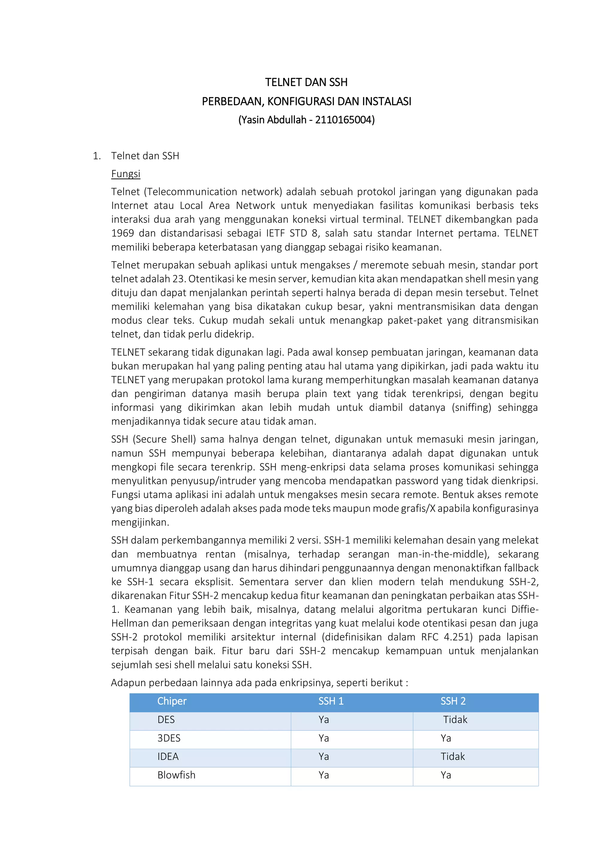 Perbedaan, Konfigurasi dan Instalasi Aplikasi Telnet dan SSH | PDF