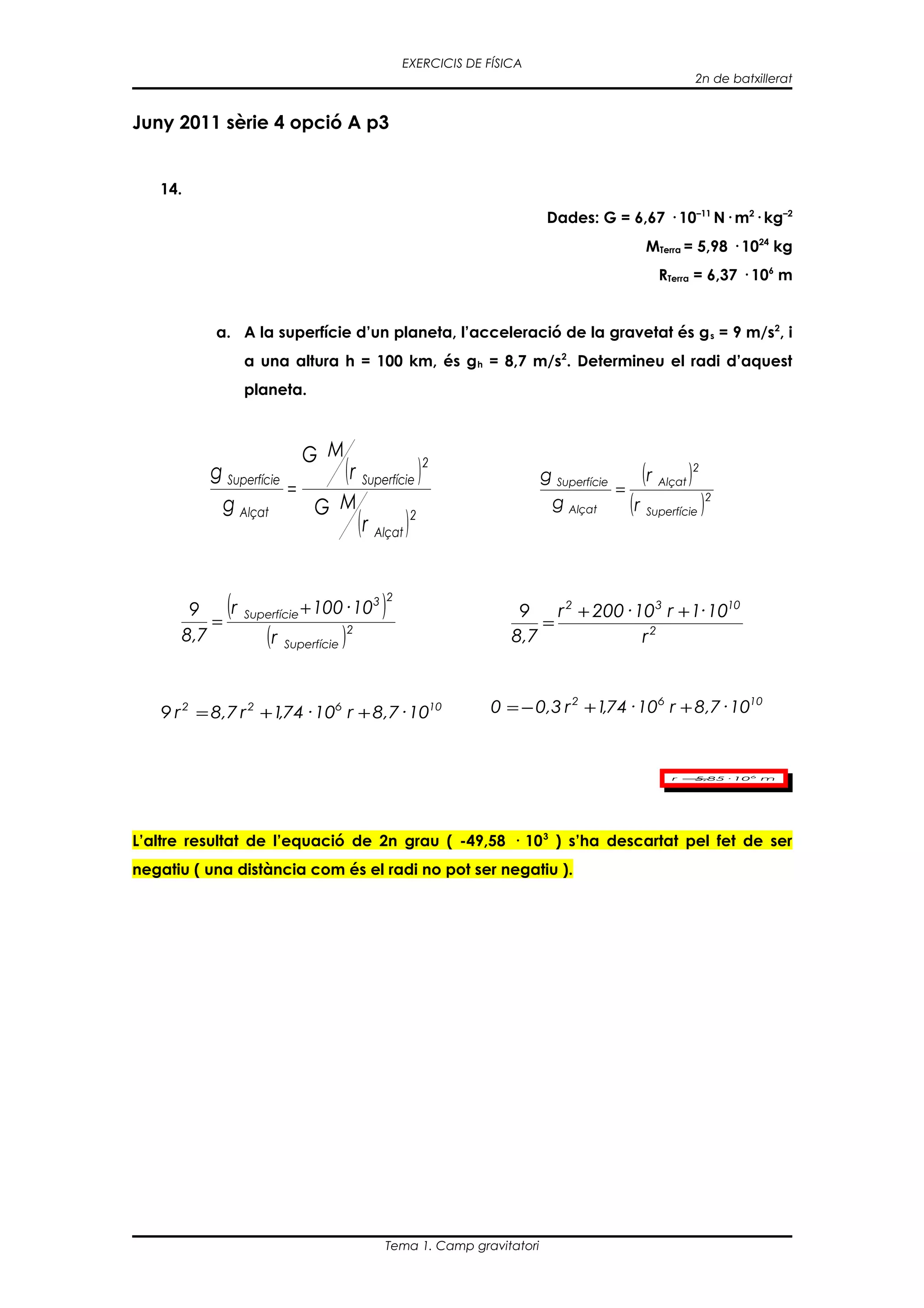 Tema 1. camp gravitatori. exercicis resolts | DOC